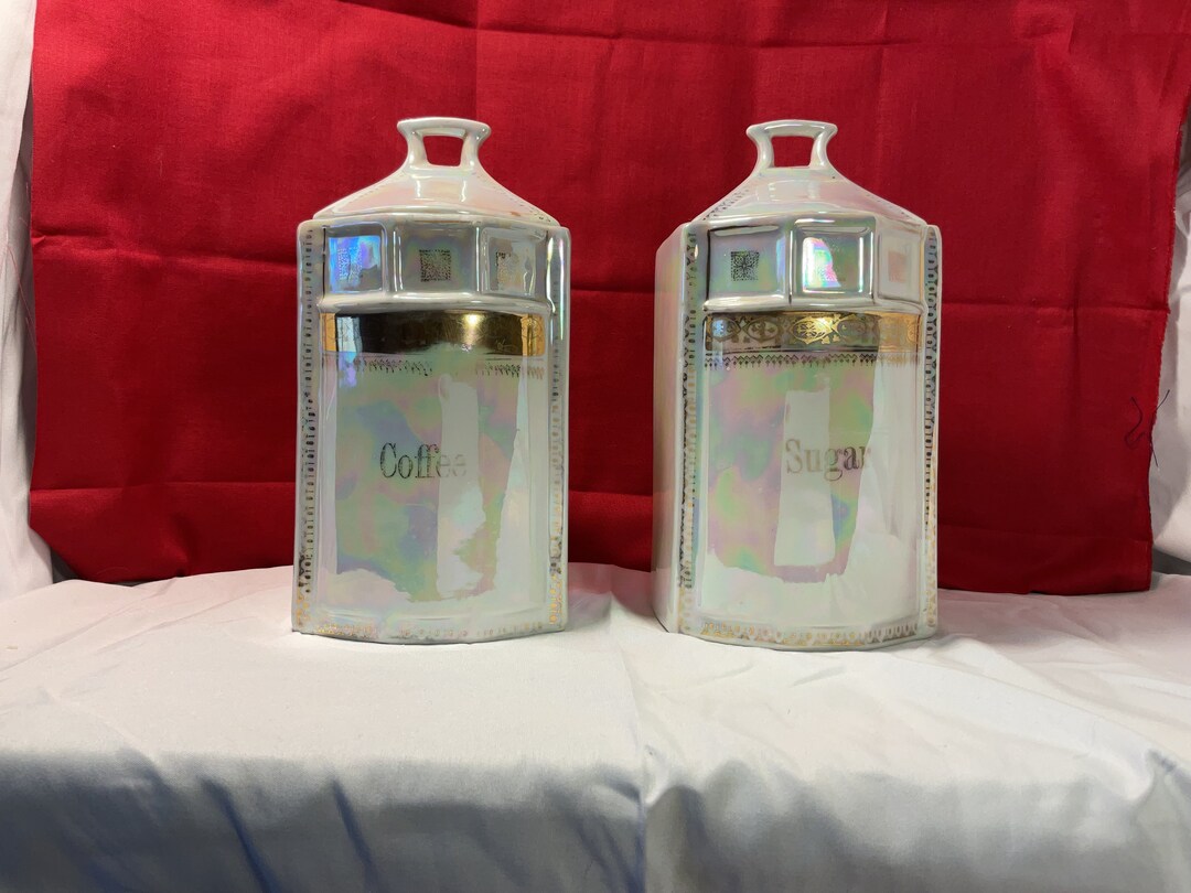 Vintage White Block Porcelain Lusterware Coffee and Sugar Canisters ...
