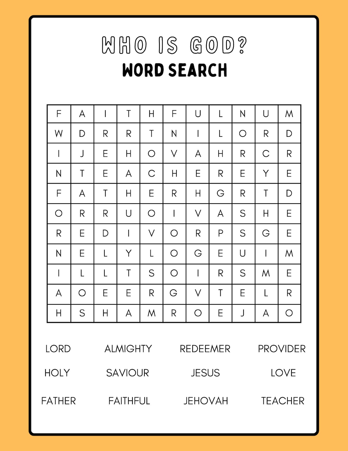 Names of God Word Search, Bible Word Search Game With Hidden Message ...