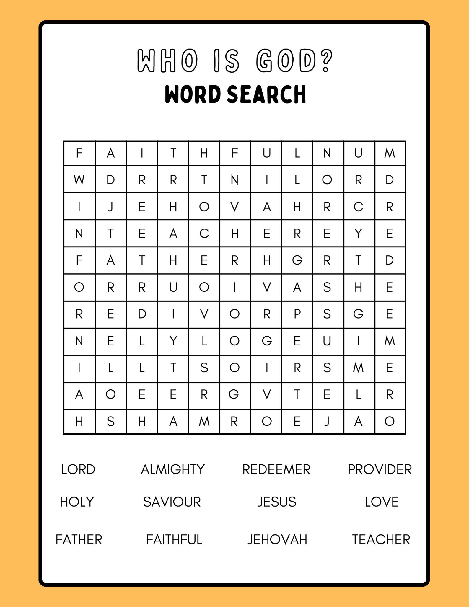 Names of God Word Search, Bible Word Search Game With Hidden Message ...