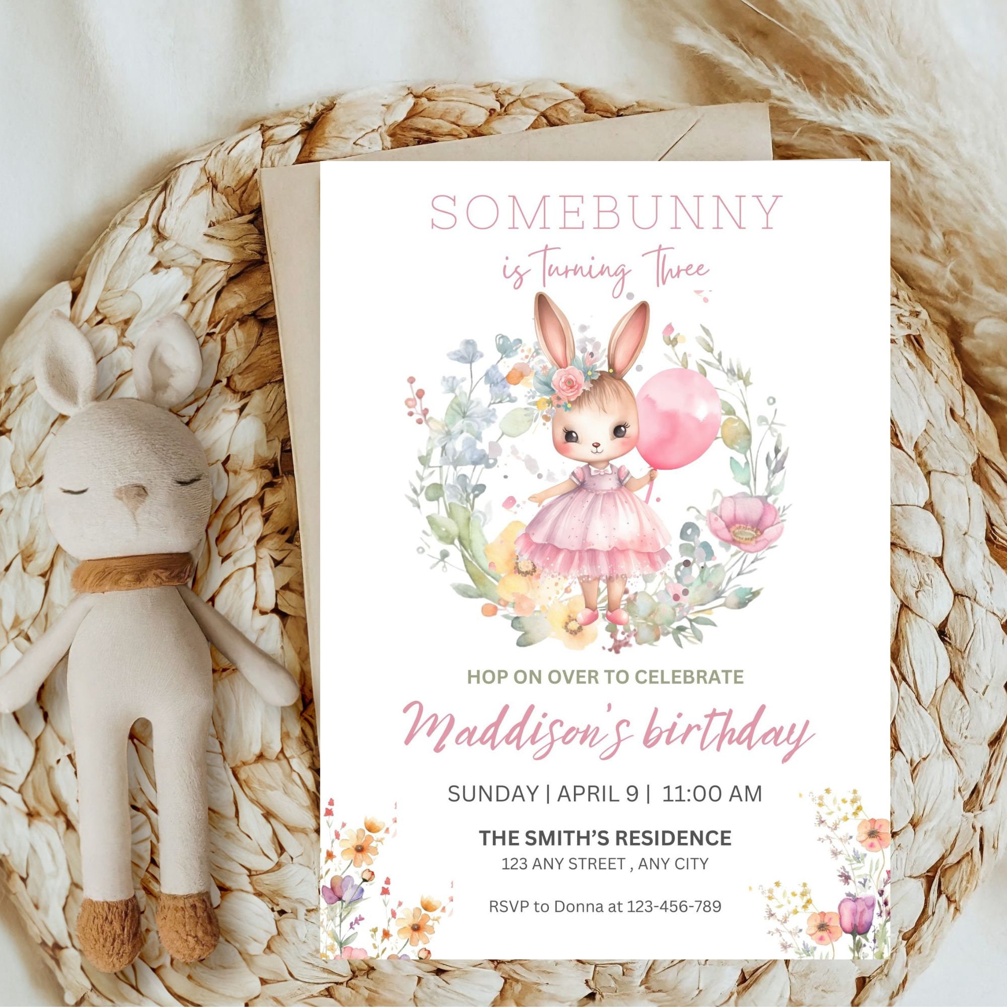 Editable Girl Bunny Birthday Invitation , Pink Floral Bunny Birthday ...