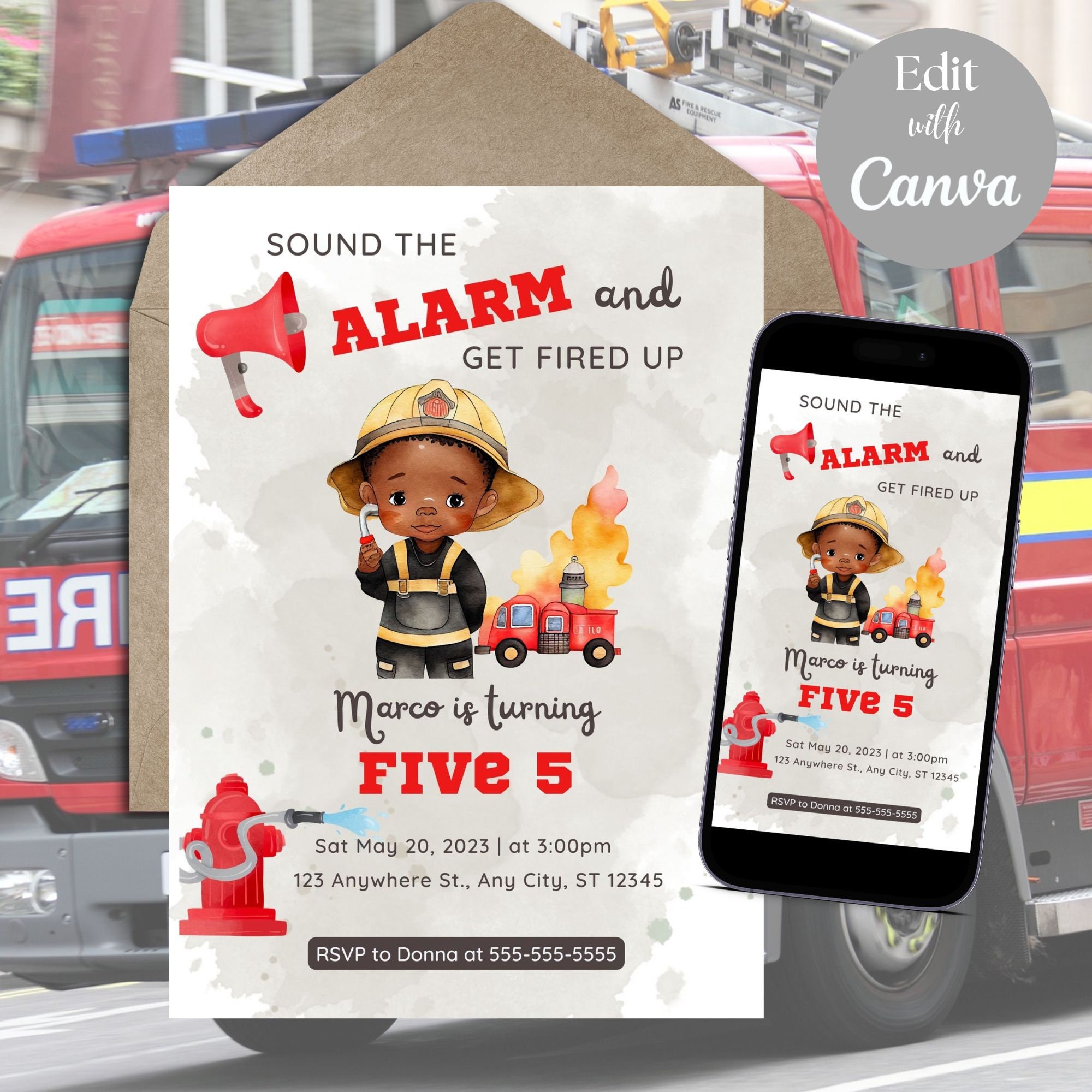 Editable Firefighter Birthday Invitation, Black Boy Party Invite, Red ...