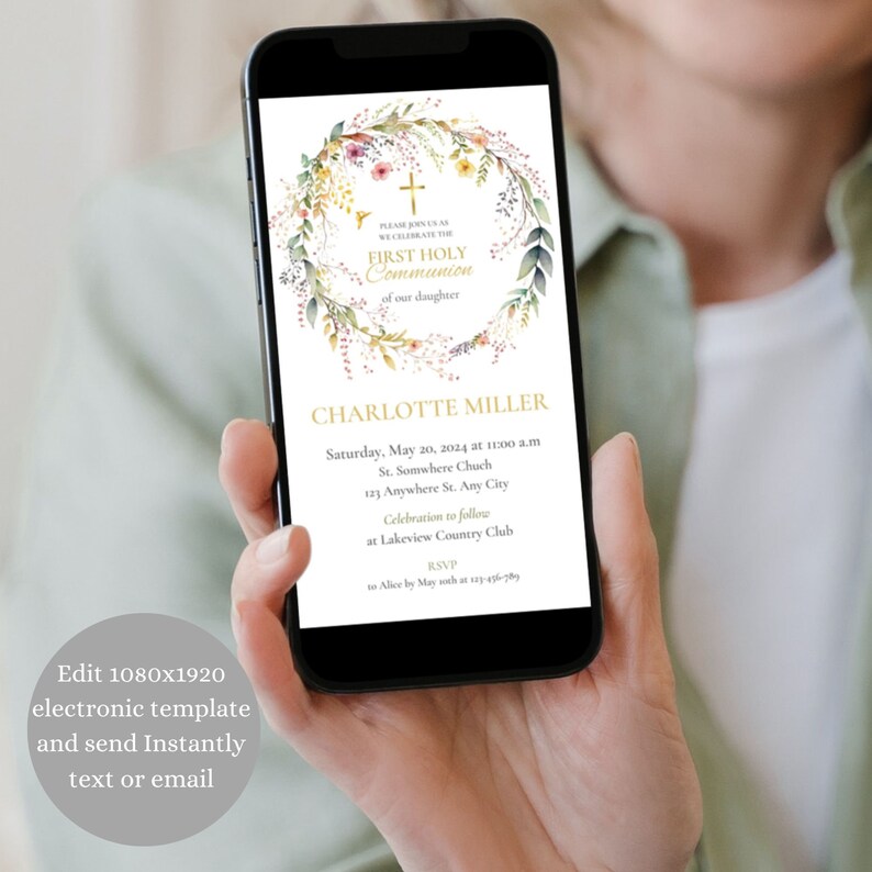 Floral Gold First Holy Communion Editable Invitation, Rustic Wild ...
