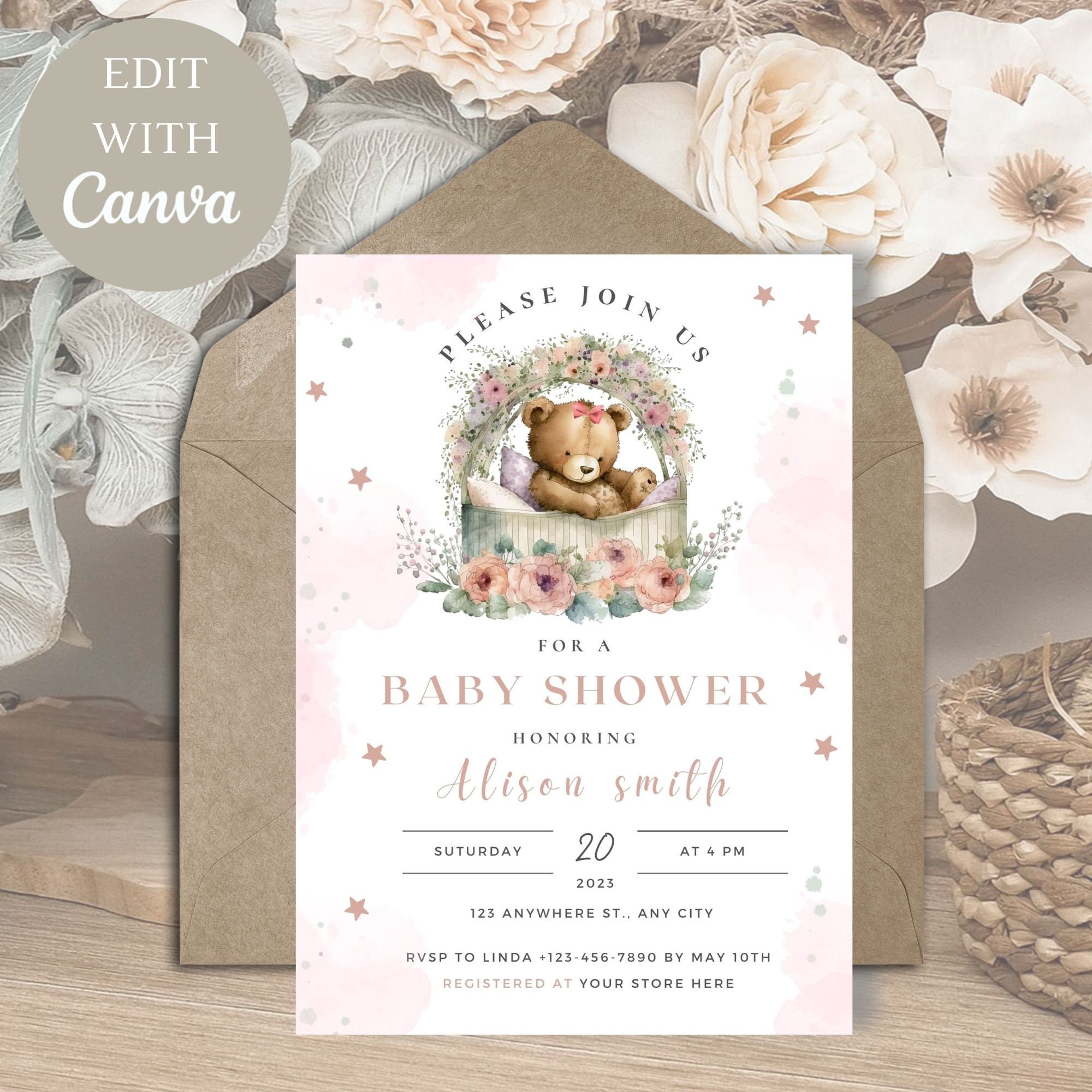 Editable Teddy Bear Baby Shower Invitation, Pink Floral Teddy Bear ...