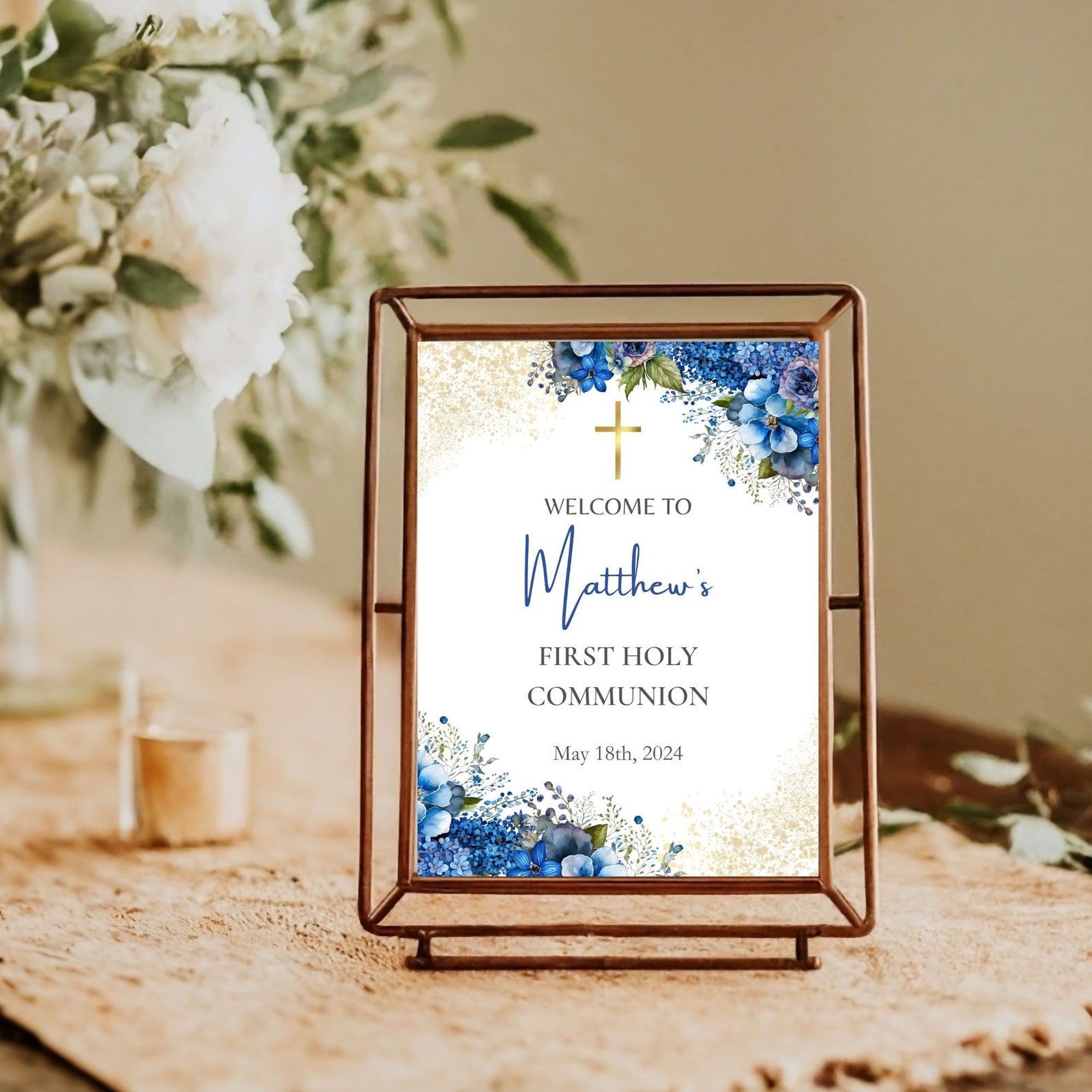 Blue and Gold Editable First Holy Communion Welcome Sign, Boy First ...