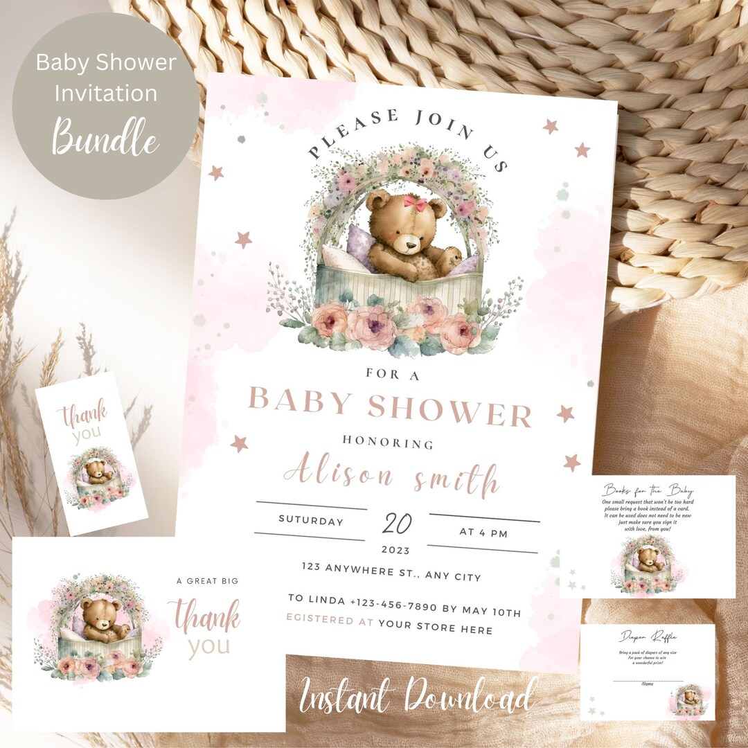 Editable Teddy Bear Baby Shower Invitation, Pink Floral Teddy Bear ...