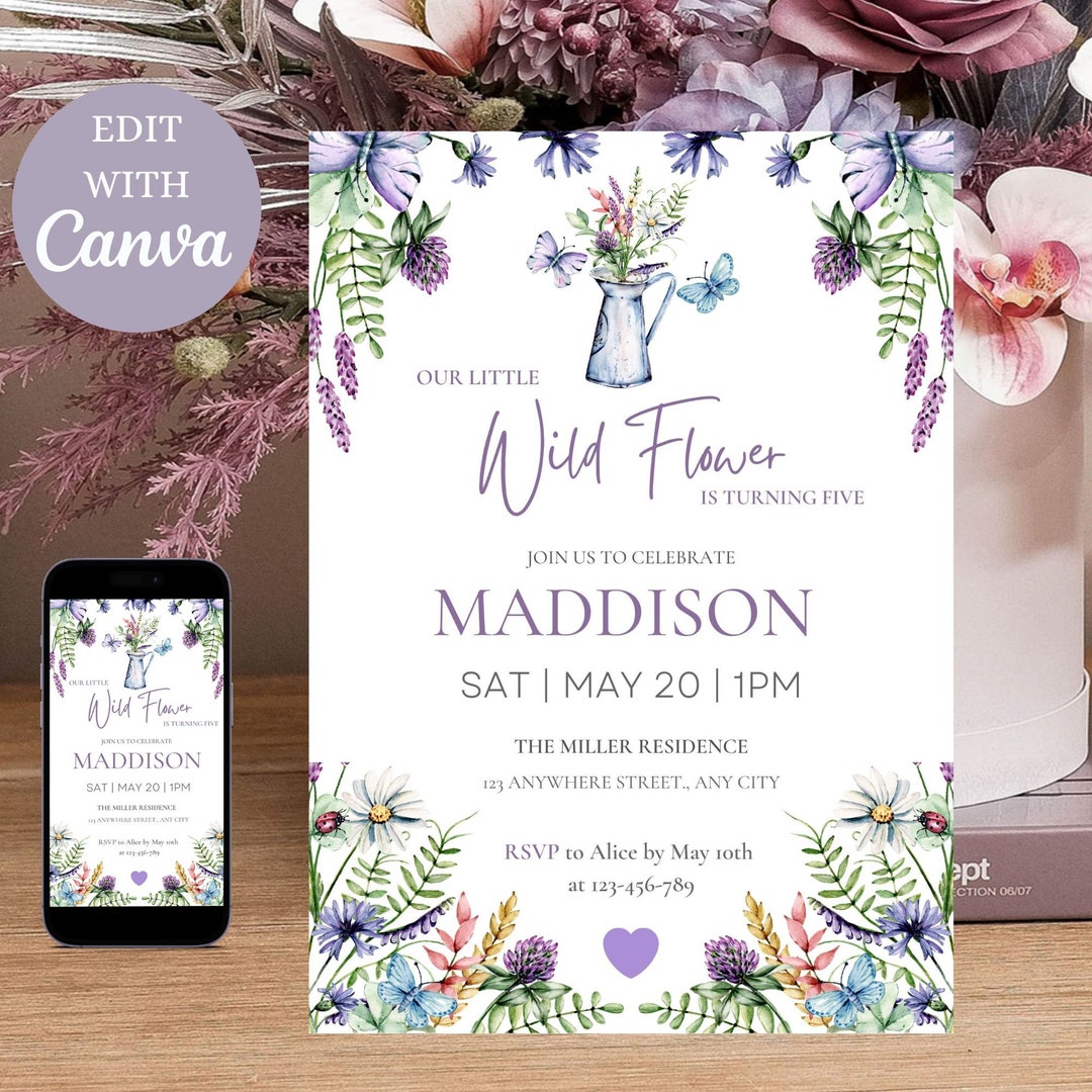 Editable Wildflowers Birthday Invitation, Wild Flowers Girl 5th ...