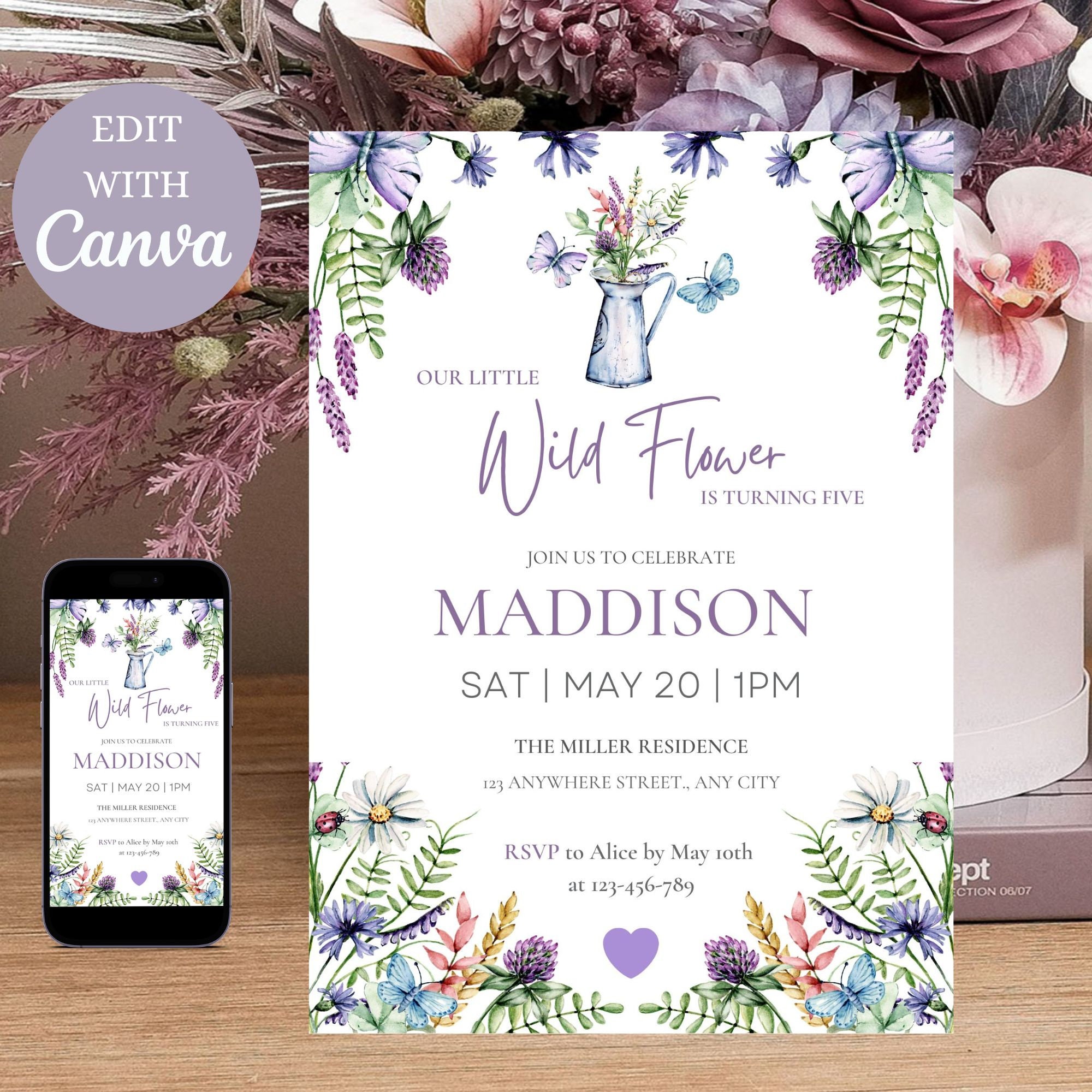 Editable Wildflowers Birthday Invitation, Wild Flowers Girl 5th ...