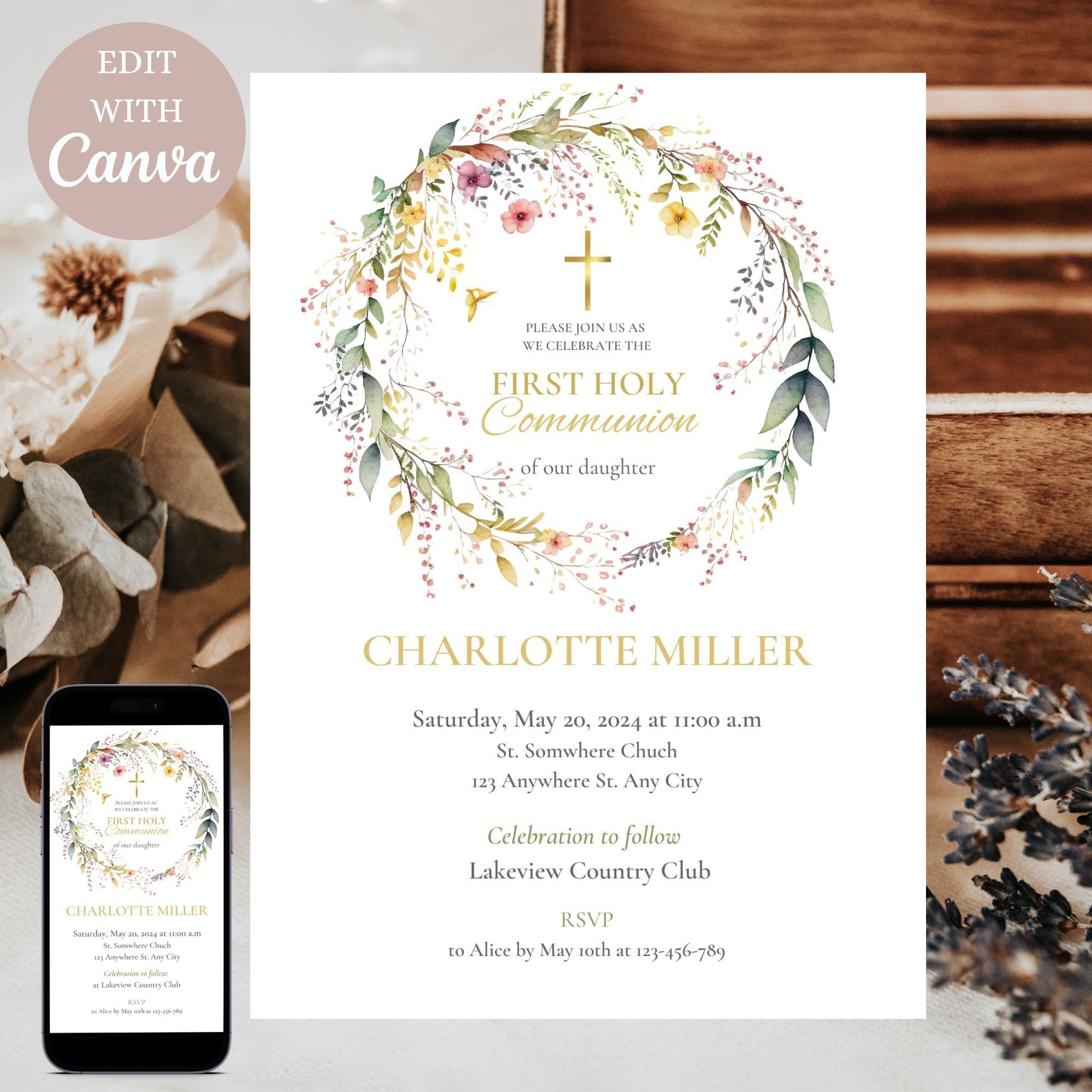 Floral Gold First Holy Communion Editable Invitation, Rustic Wild ...