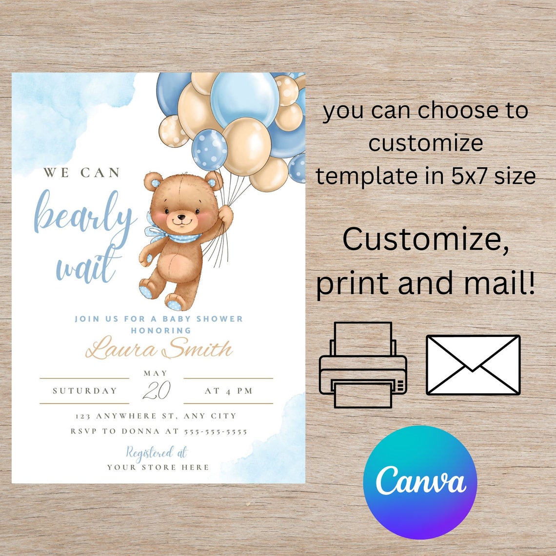 Editable Blue We Can Bearly Wait Teddy Bear Balloon Bear Theme Baby ...