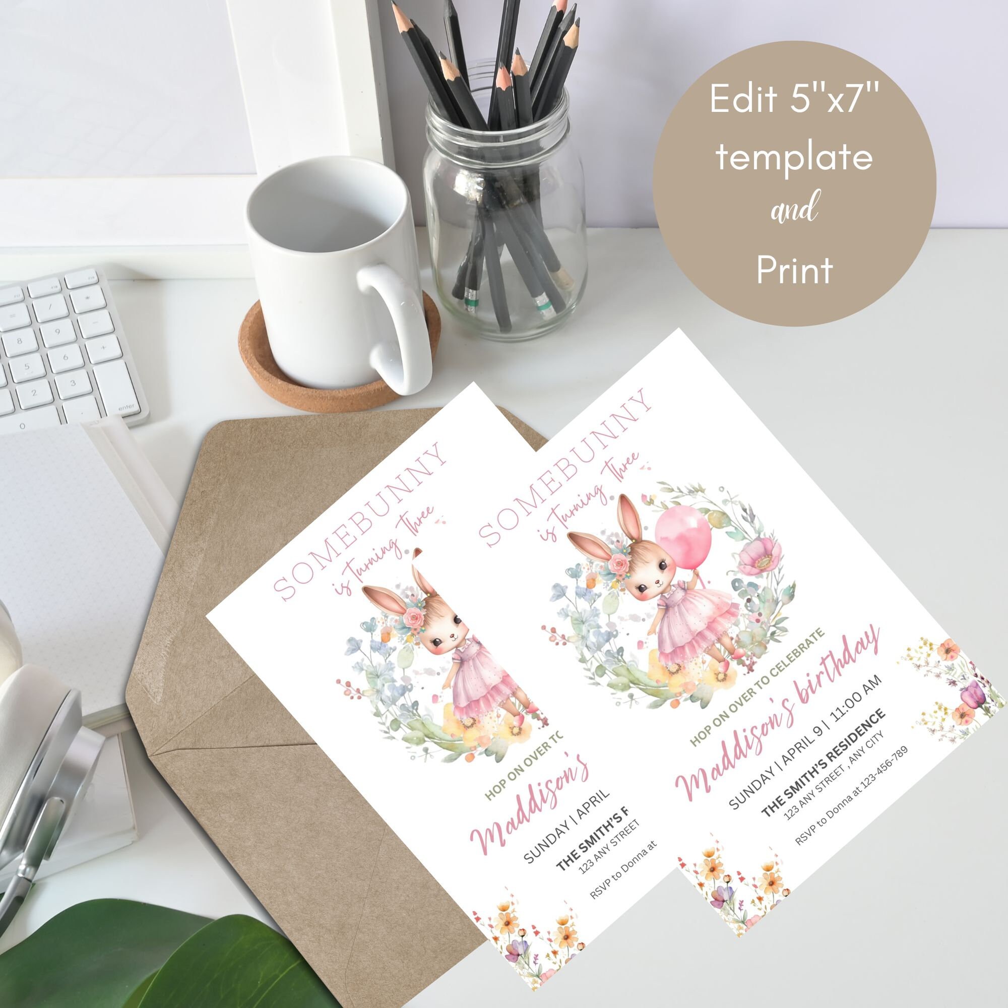 Editable Girl Bunny Birthday Invitation , Pink Floral Bunny Birthday ...