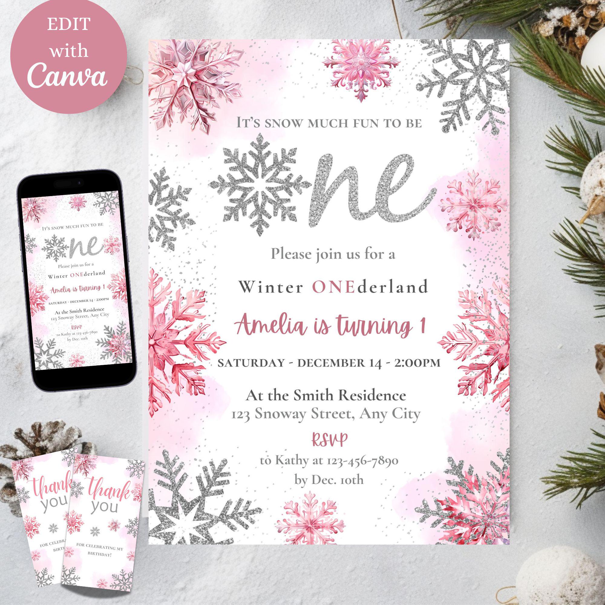 Editable WINTER Onederland Invitation, Pink Silver Winter Wonderland ...