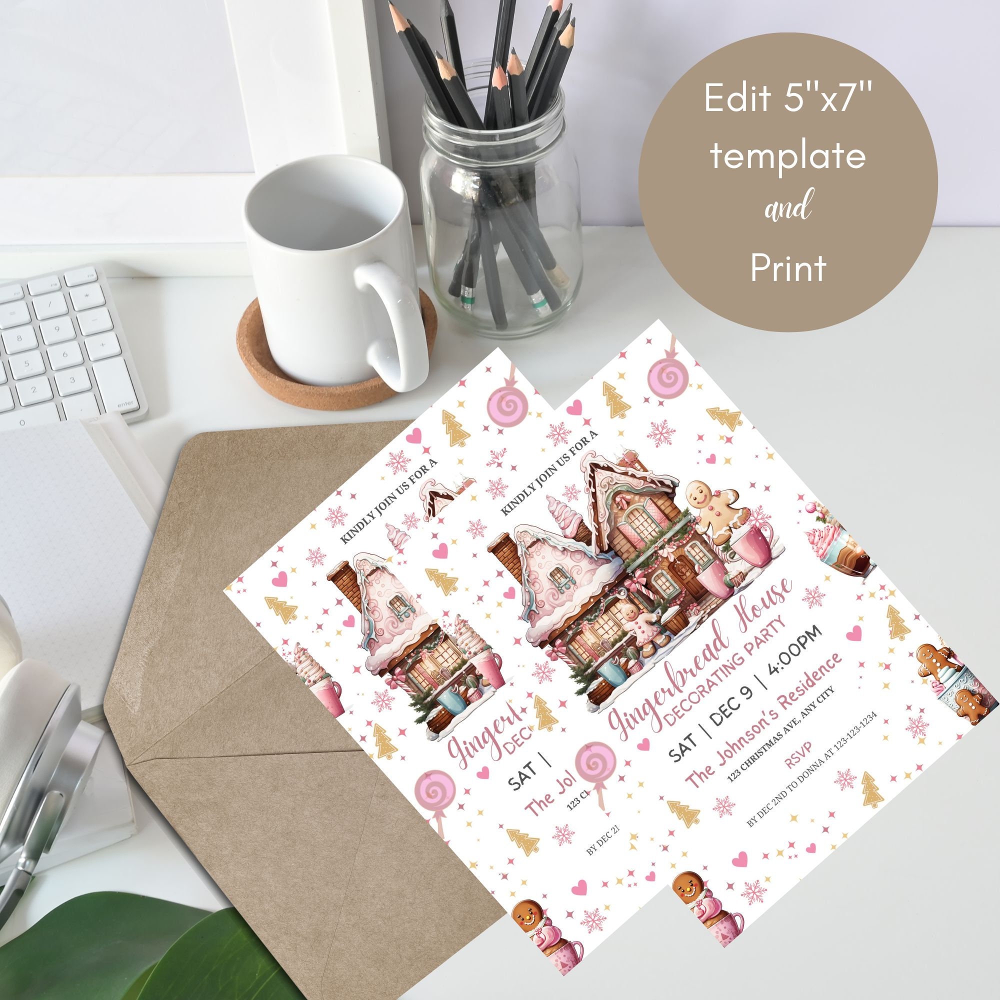 Editable Christmas Gingerbread House Decorating Party Invitation, Pink ...