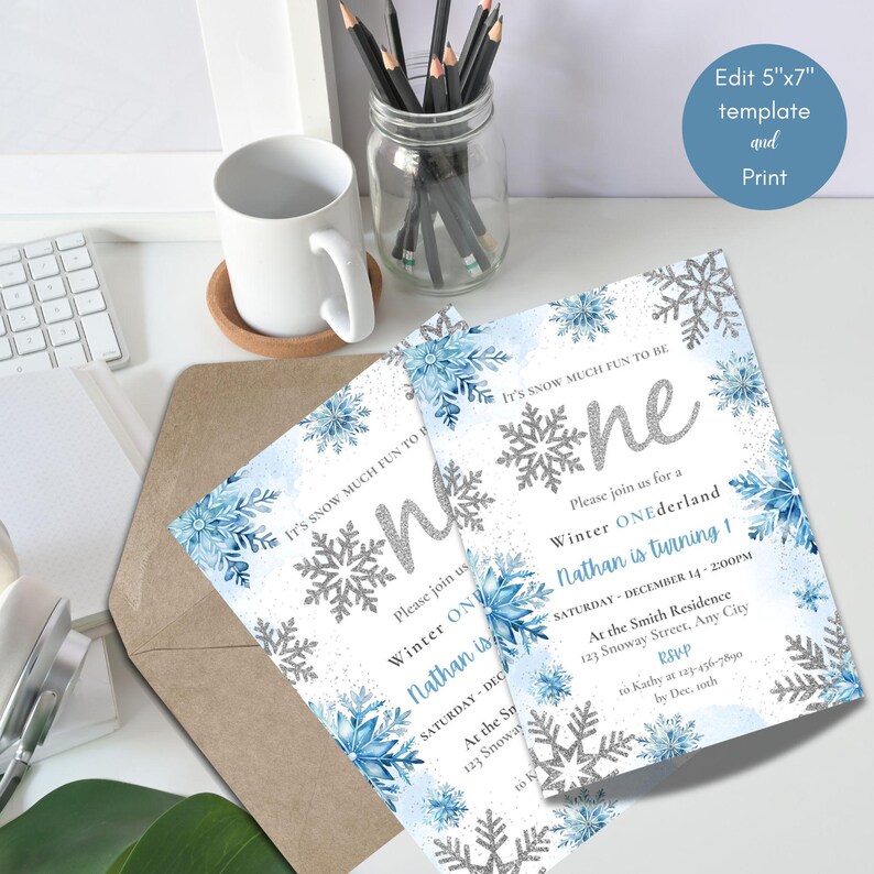 Winter Onederland Birthday Invitation: Blue Snowflake Design (digital ...