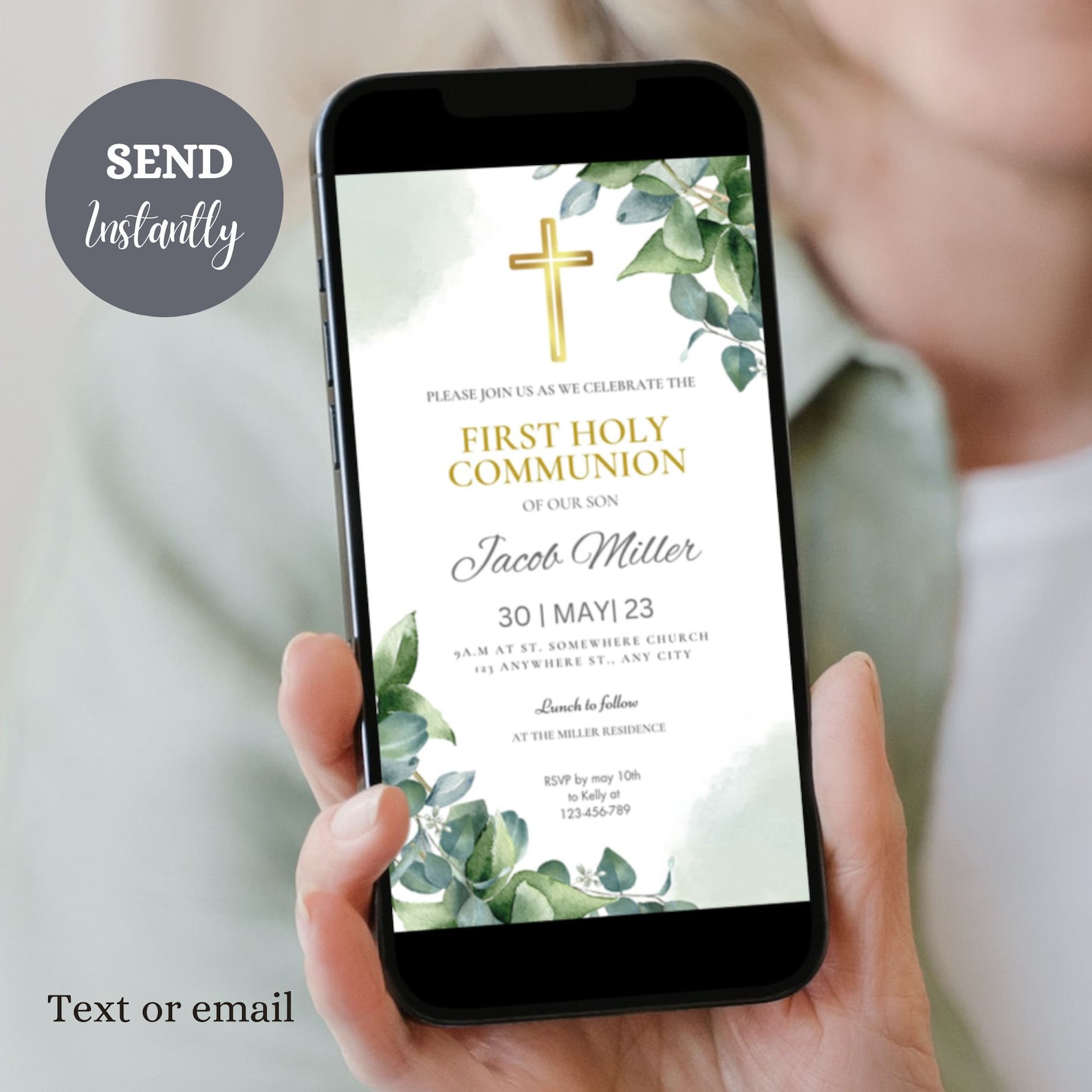 Gold Green First Holy Communion Invitation Template, Editable Greenery ...