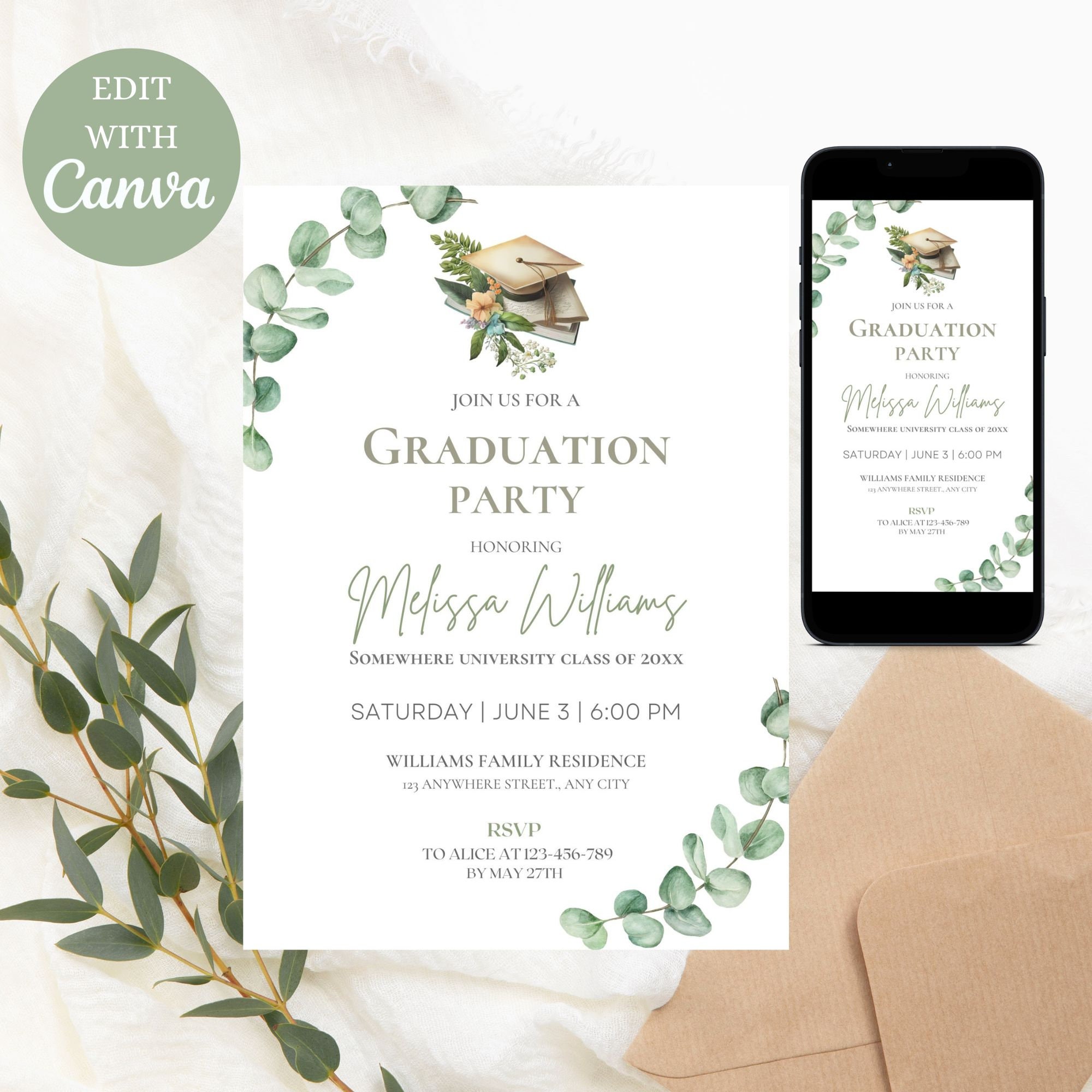 Greenery Graduation Party Invitation: Editable Canva Template (digital ...