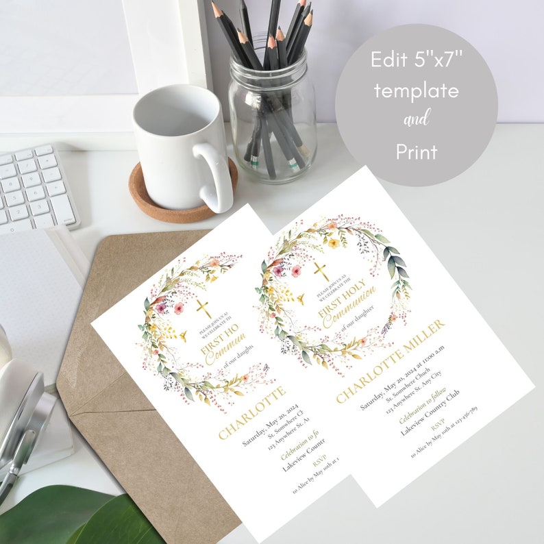 Floral Gold First Holy Communion Editable Invitation, Rustic Wild ...