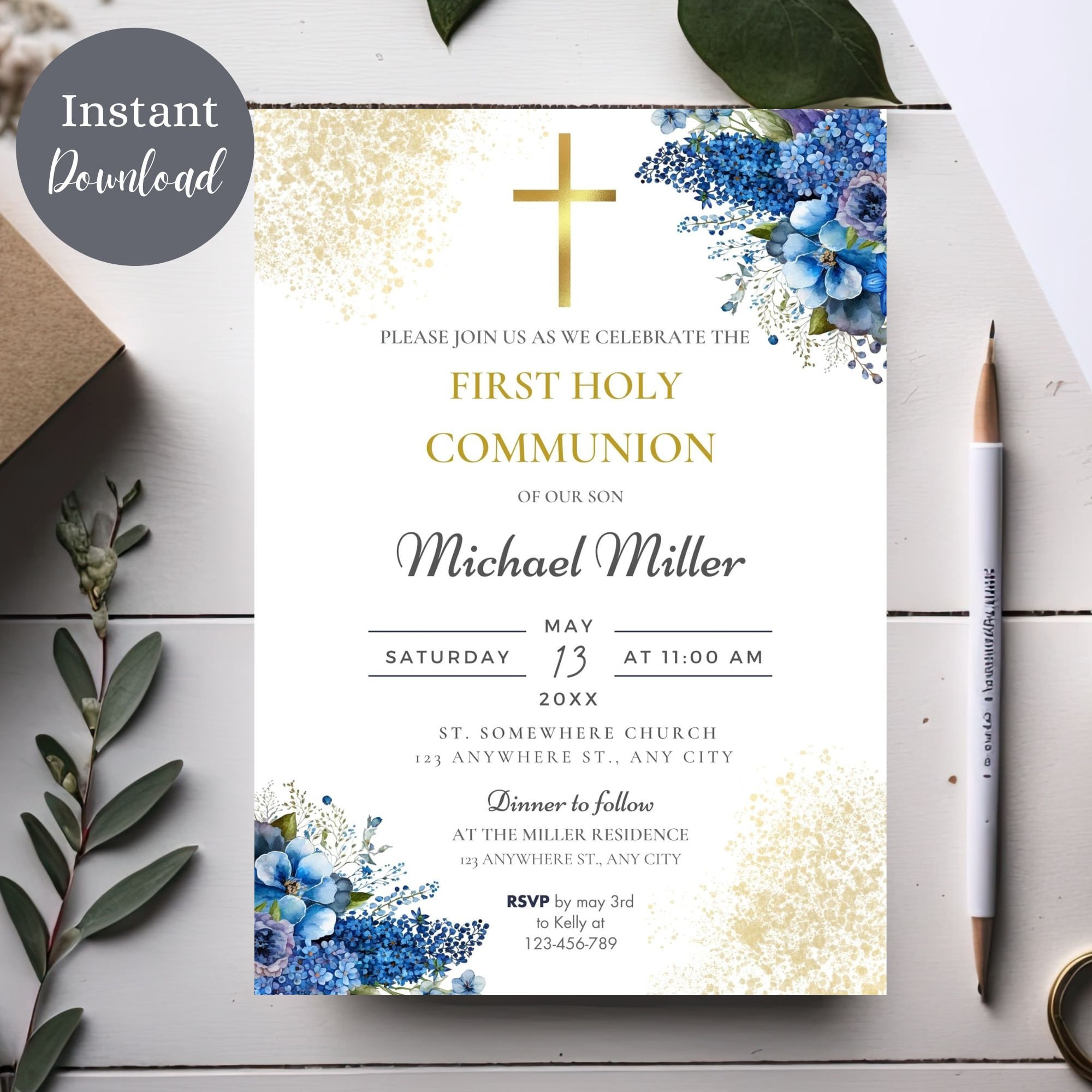 Blue and Gold First Communion Invitaion Template, First Holy Communion ...