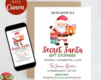 Retro Secret Santa Party Invitation, Christmas Gift Exchange Invite ...
