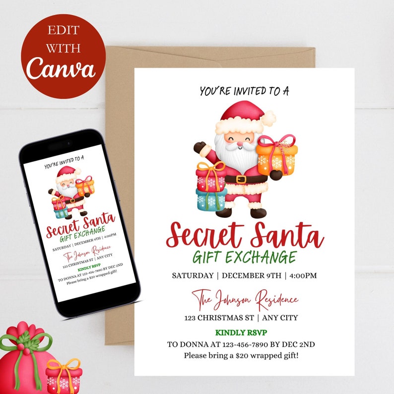Editable Secret Santa Gift Exchange Invitation, Christmas Party Secret Santa Invitation Template ...