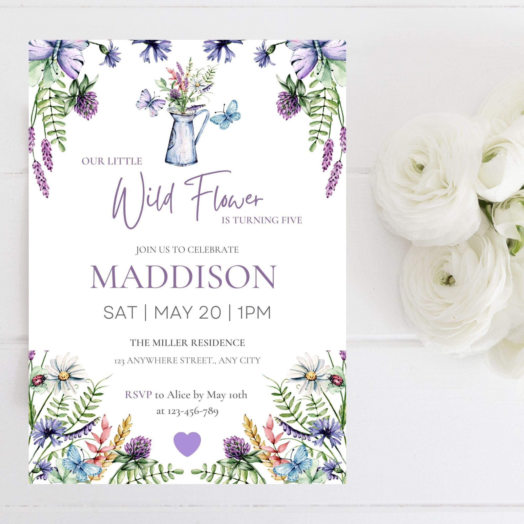 Editable Wildflowers Birthday Invitation, Wild Flowers Girl 5th ...