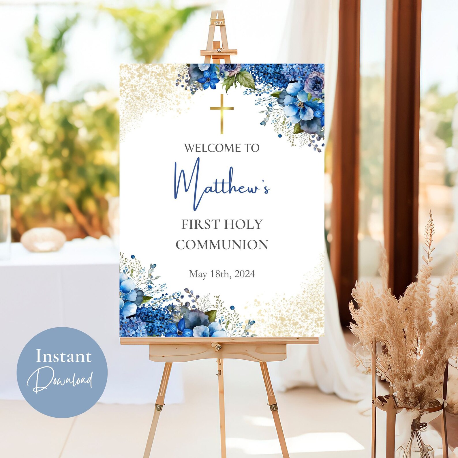 Blue and Gold Editable First Holy Communion Welcome Sign, Boy First ...