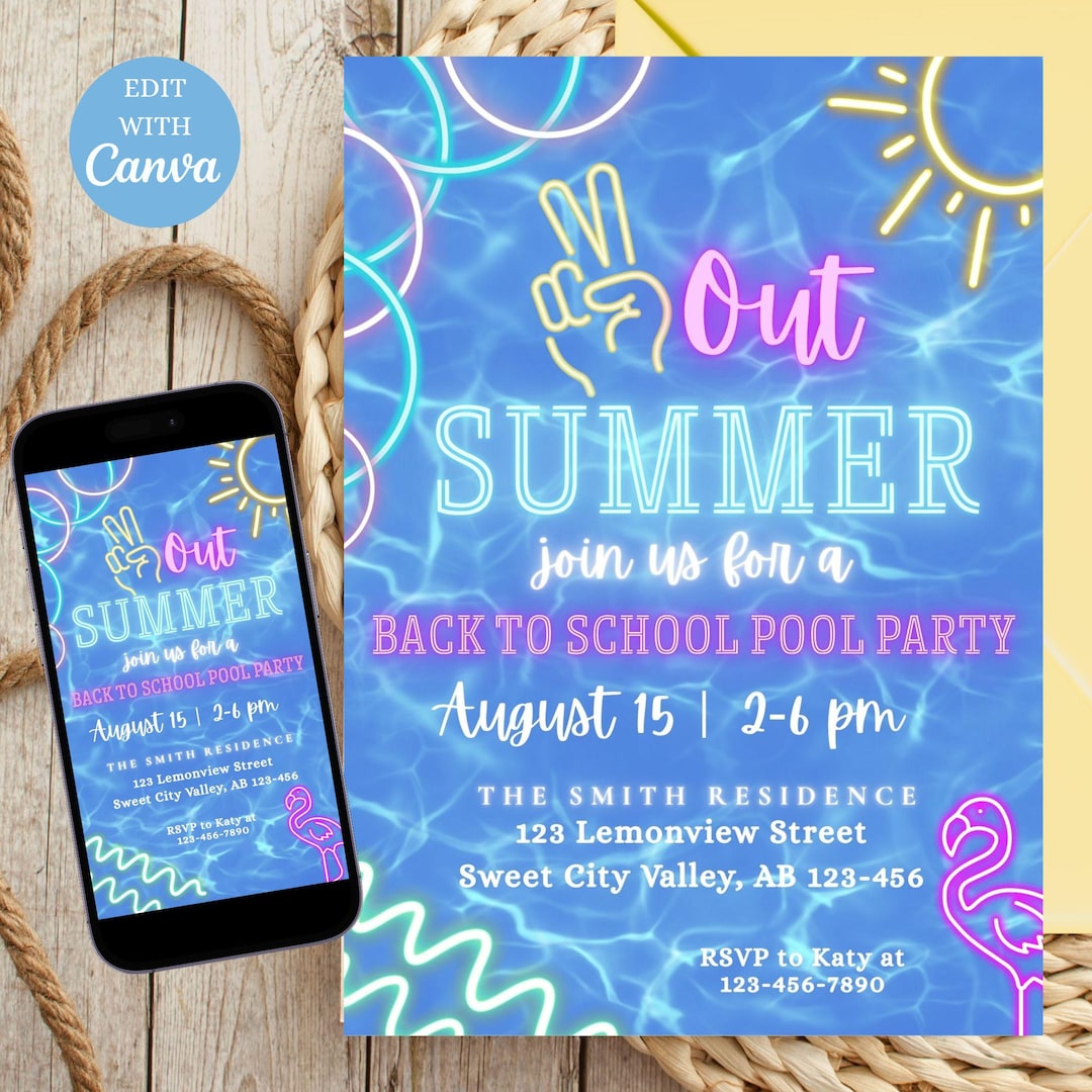 End of Summer Pool Party Invitation, Back to School, Neon Editable ...