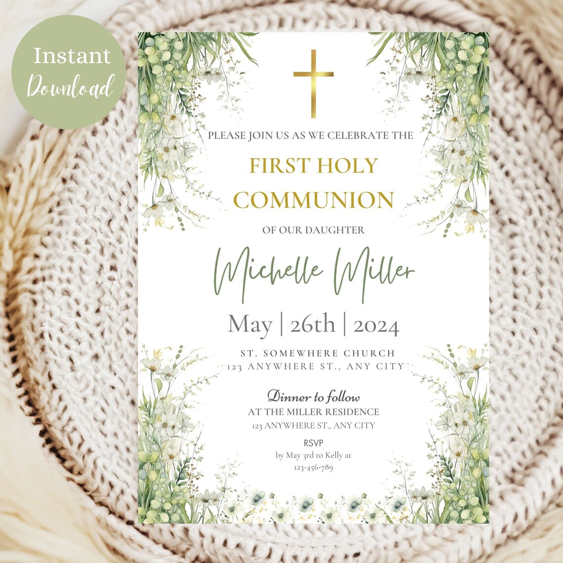 Green and Gold First Holy Communion Editable Invitation, Girl or Boy ...