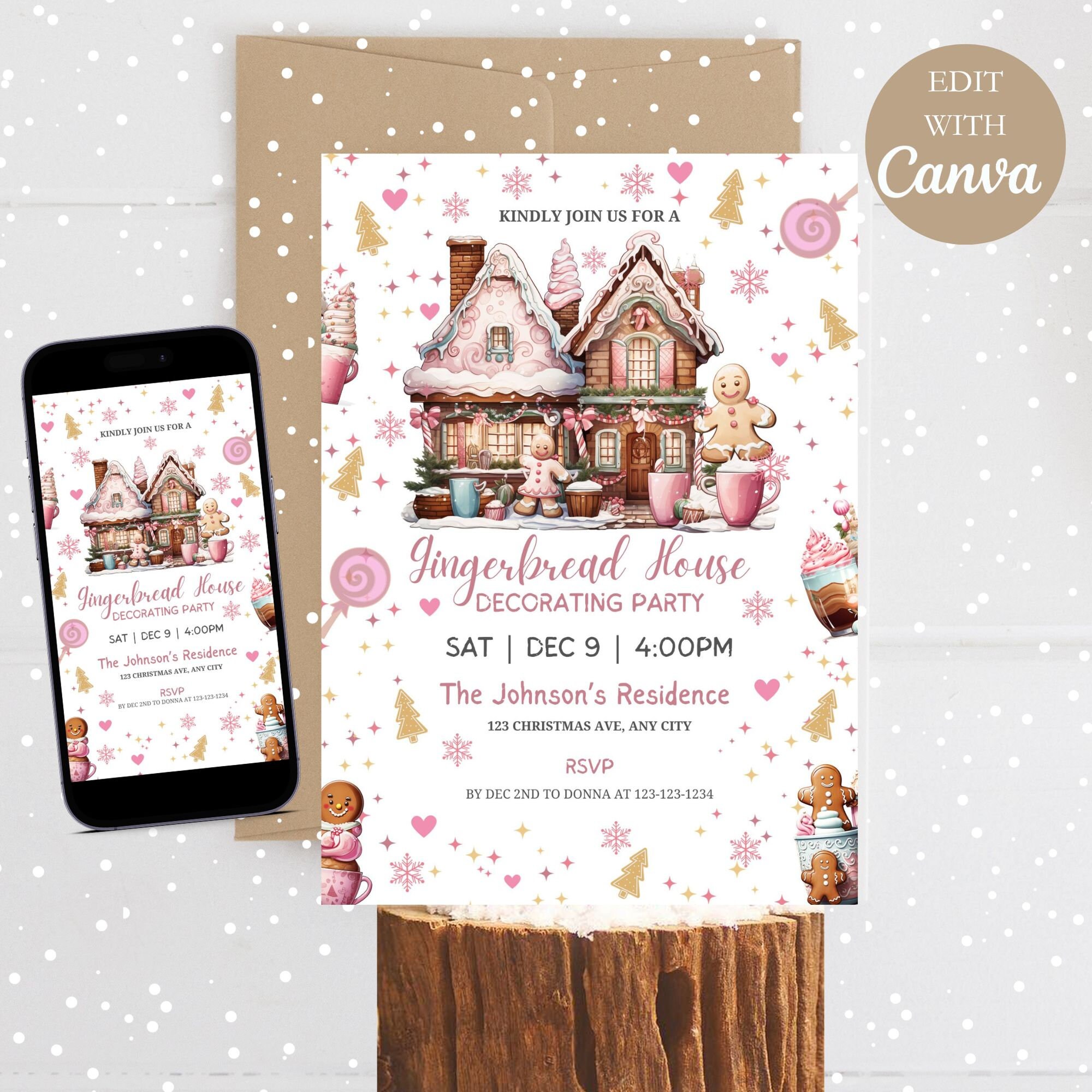 Editable Christmas Gingerbread House Decorating Party Invitation, Pink ...