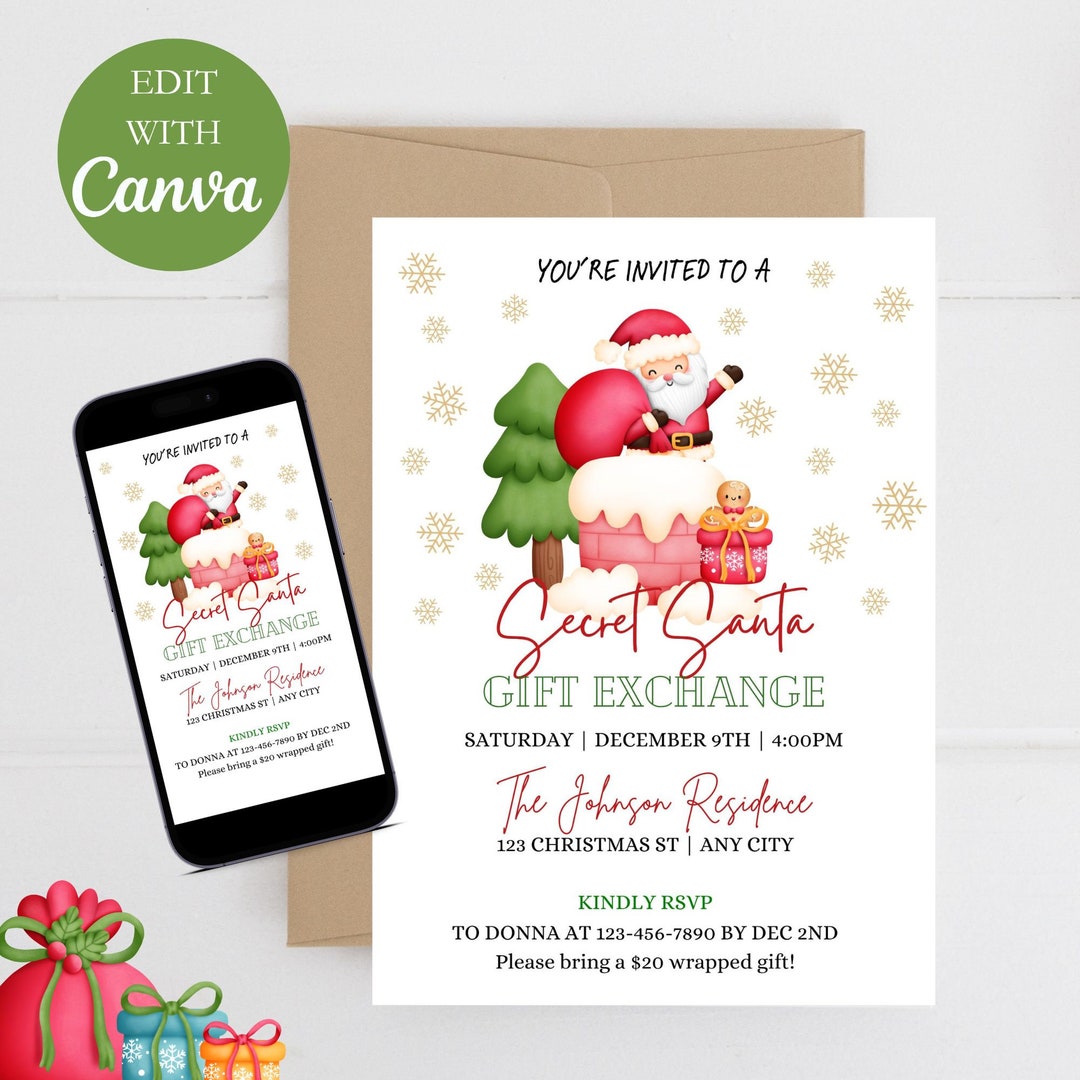 Secret Santa Gift Exchange Party Invitation, Red Green Gold Invite ...