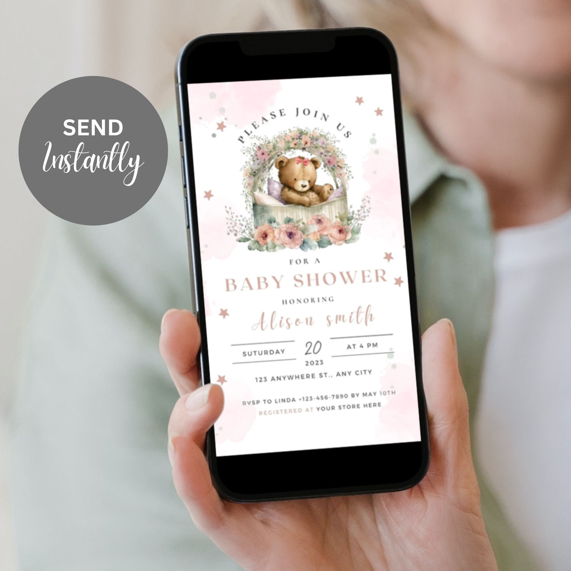 Editable Teddy Bear Baby Shower Invitation, Pink Floral Teddy Bear ...