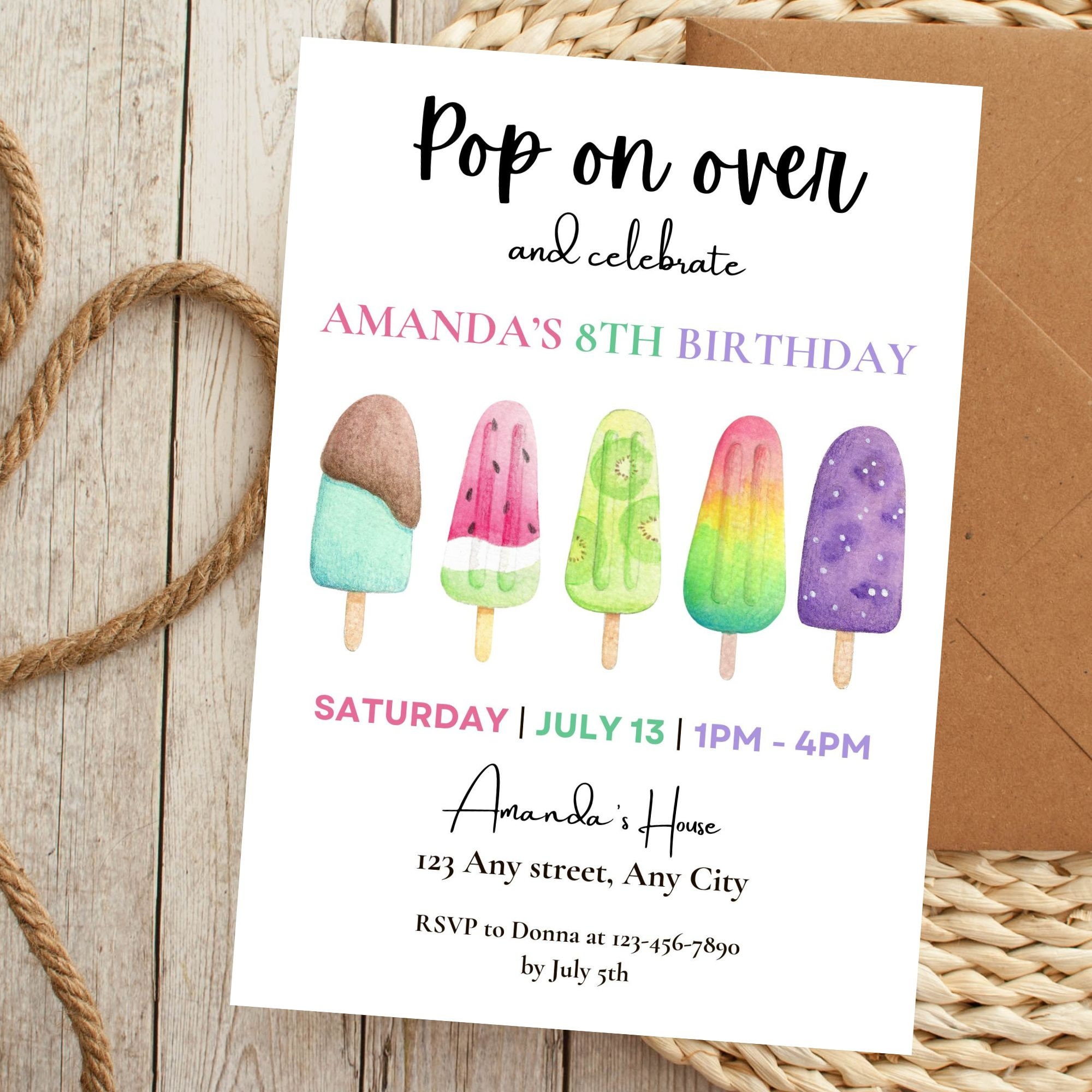 Editable Summer Birthday Invitation, Pop on Over Invite Template, Girl ...