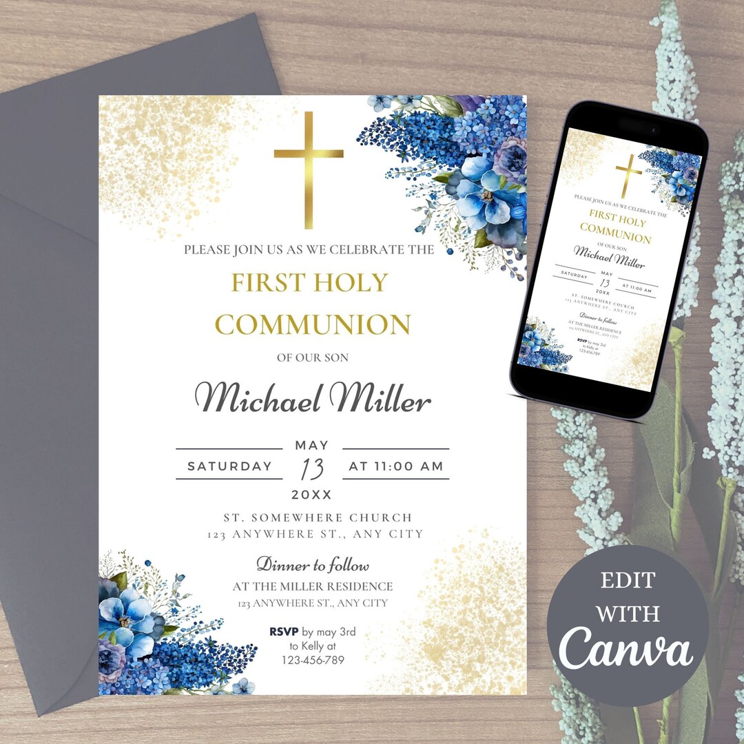 Blue and Gold First Communion Invitaion Template, First Holy Communion ...