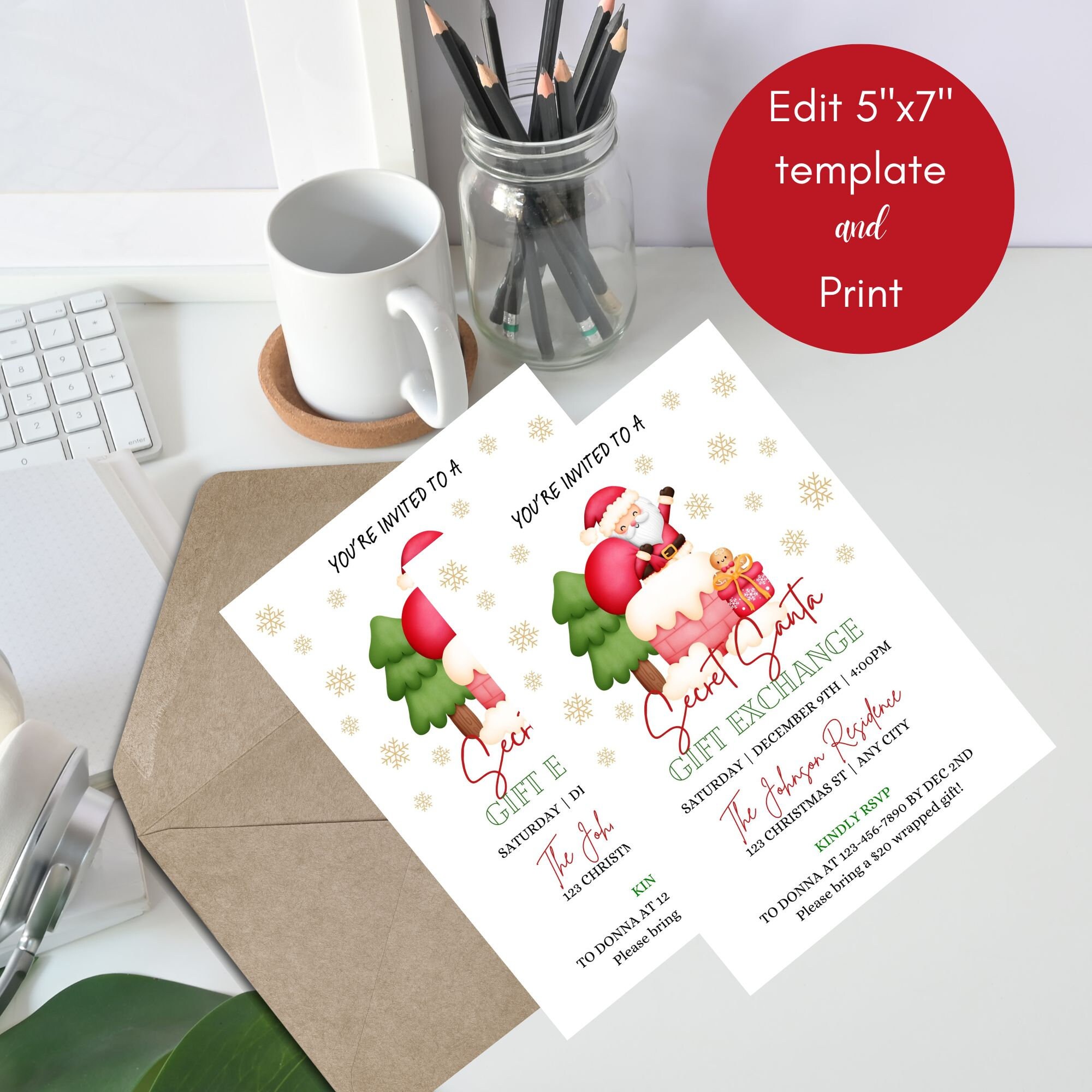 Secret Santa Gift Exchange Party Invitation, Red Green Gold Invite ...