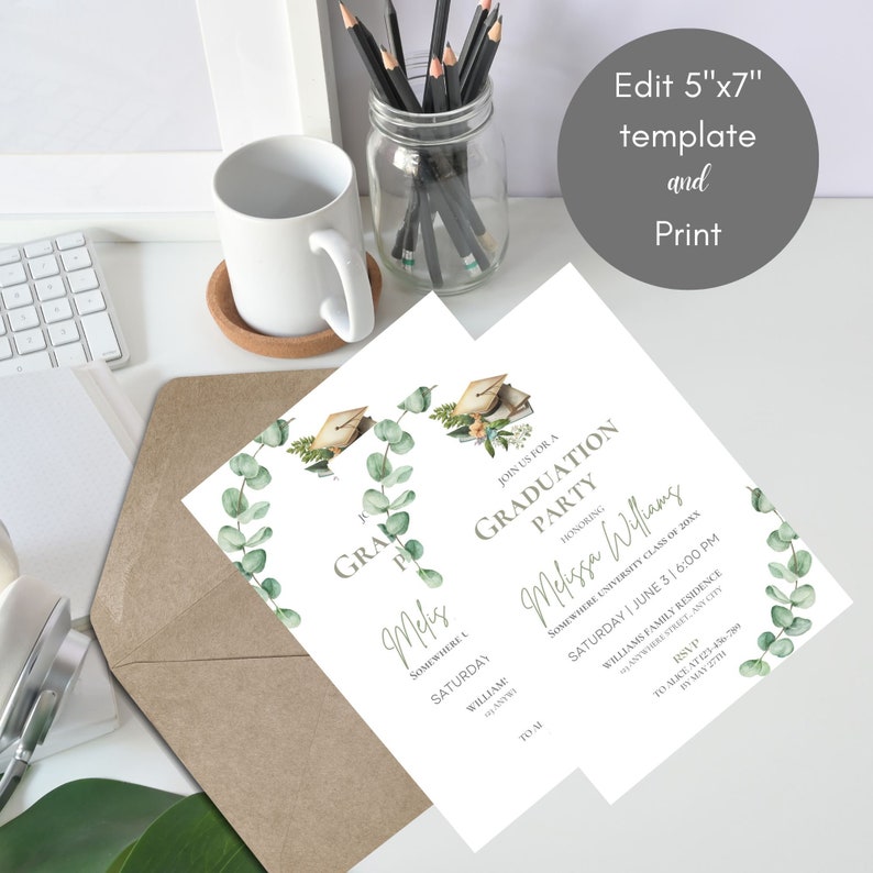 Greenery Graduation Party Invitation: Editable Canva Template (digital ...