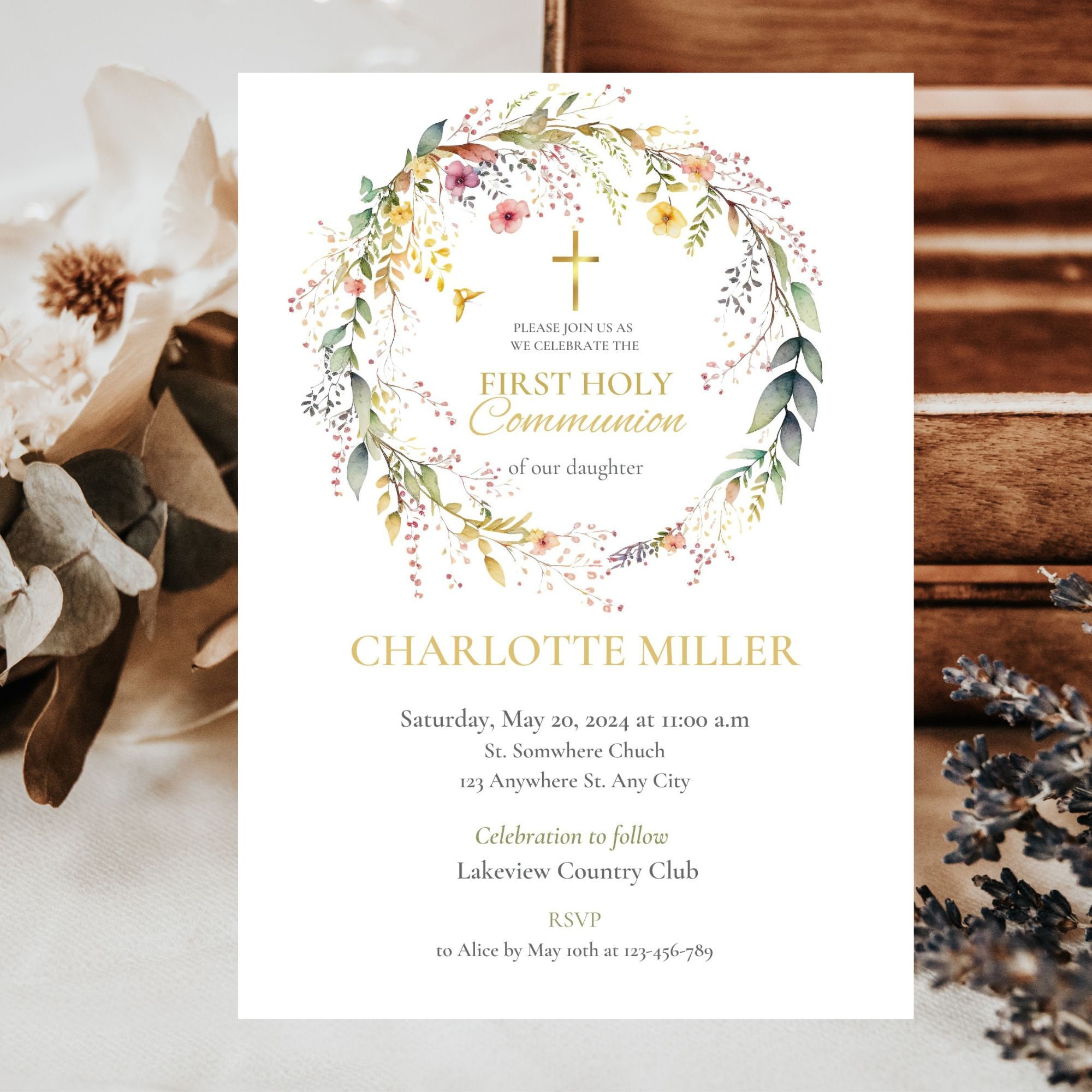 Floral Gold First Holy Communion Editable Invitation, Rustic Wild ...