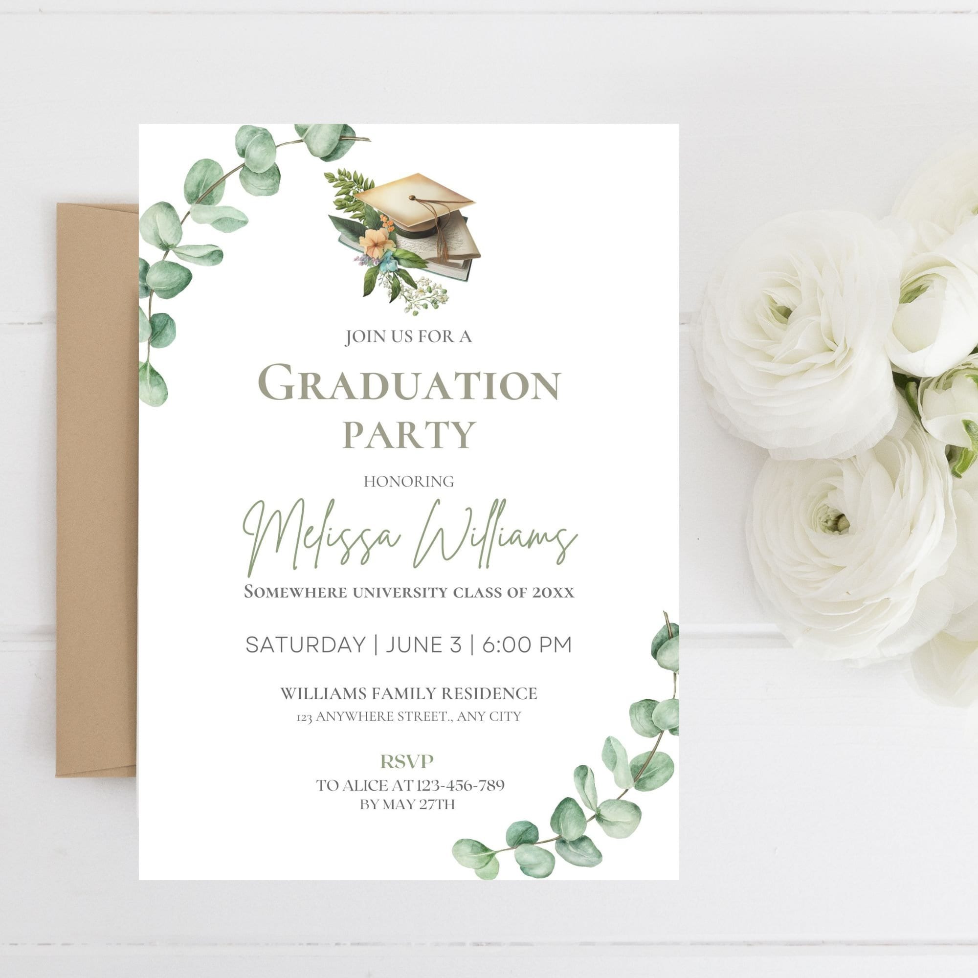 Greenery Graduation Party Invitation: Editable Canva Template (digital ...