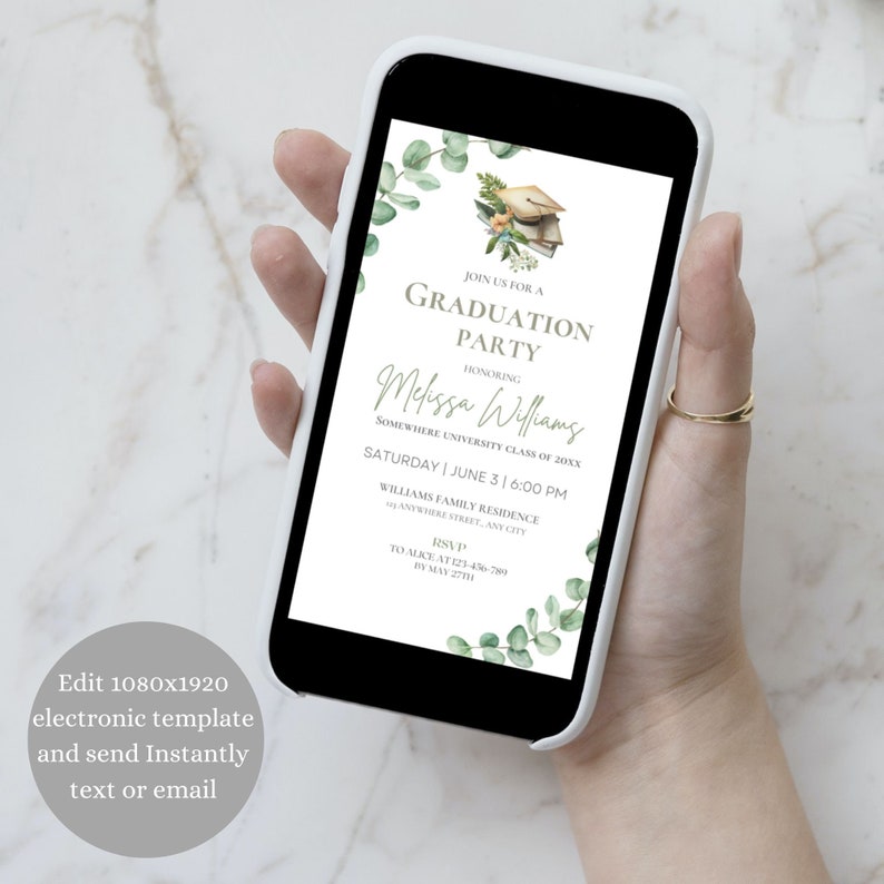Greenery Graduation Party Invitation: Editable Canva Template (digital ...