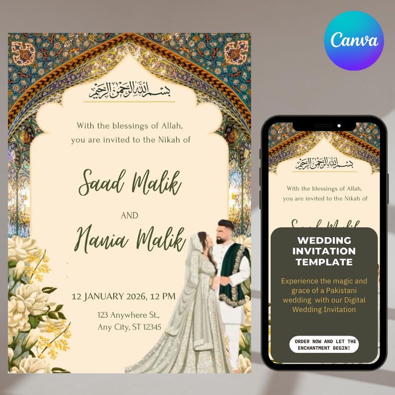 Muslim Wedding Invitation, Pakistani Floral Shaadi Invite, Digital ...
