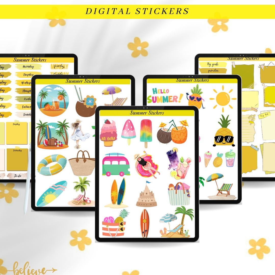 Summer Digital Stickers, Yellow Stickers/ Everyday Stickers/ Digital ...