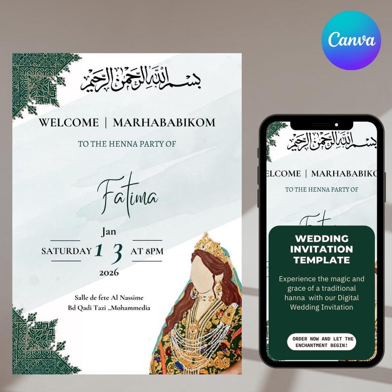 Editable Moroccan Henna Invitation Template: Green Terz Rbati (digital ...