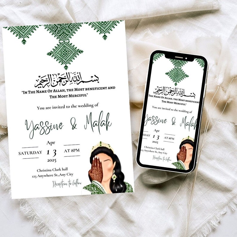 Moroccan Wedding Invitation Template: Traditional Green Tarz Rbati ...