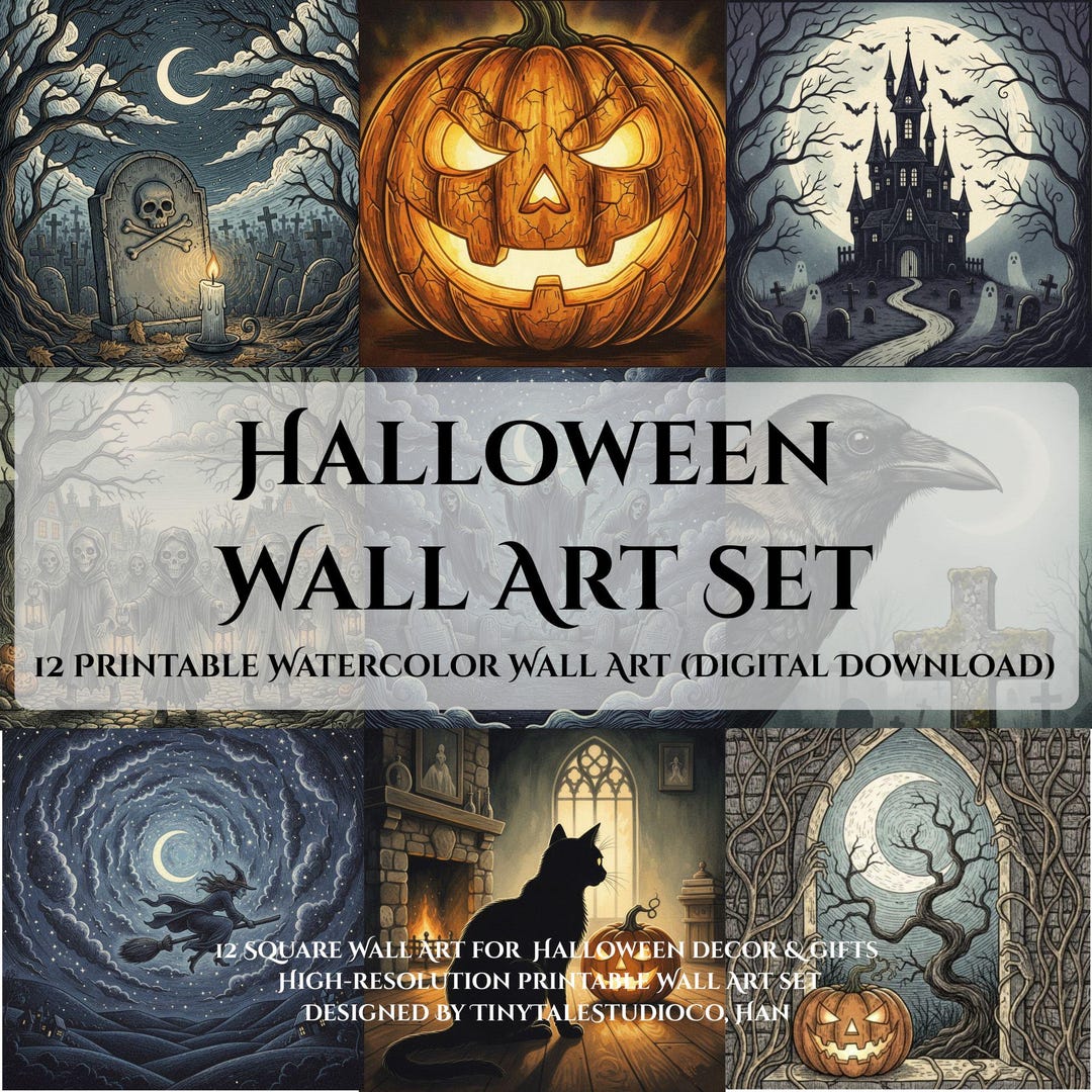 Halloween Wall Art Set- 12 Printable Watercolor Art (12x12 Inch ...