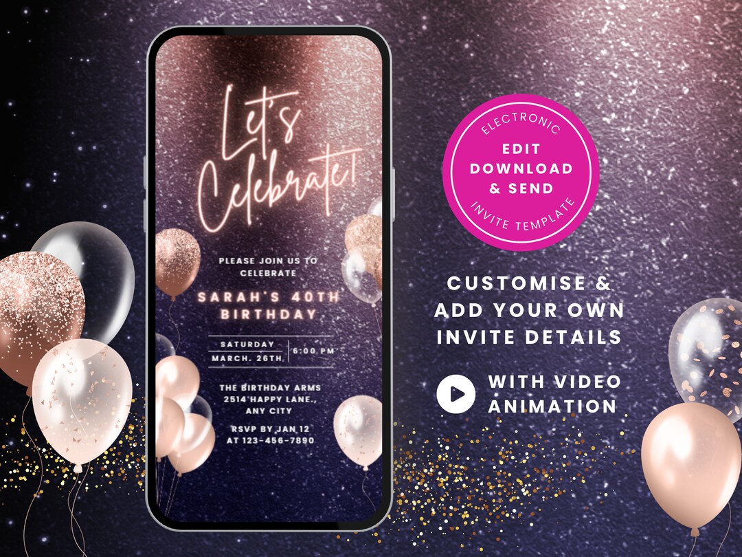 Digital Party Invitation Template Purple Pink Glitter Birthday Mobile ...