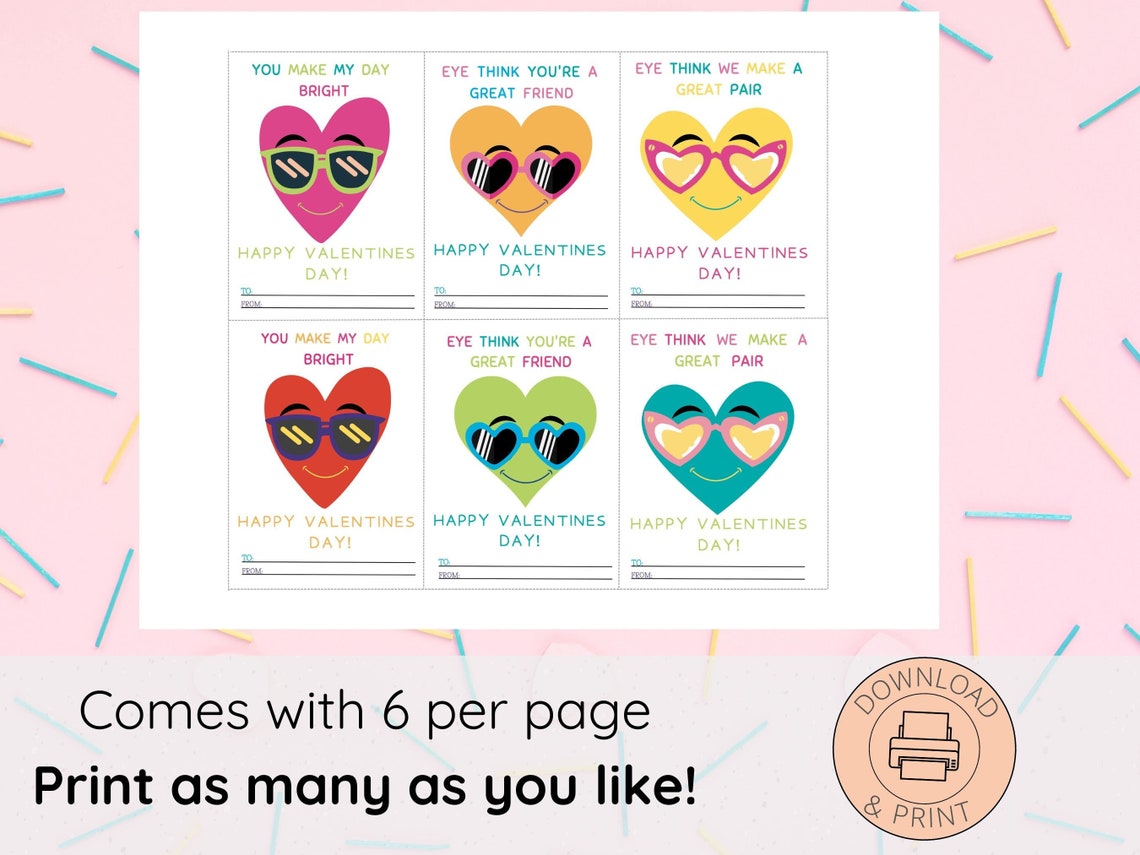 Kids Valentines Card Printable, Classroom Valentine Heart Sunglasses ...