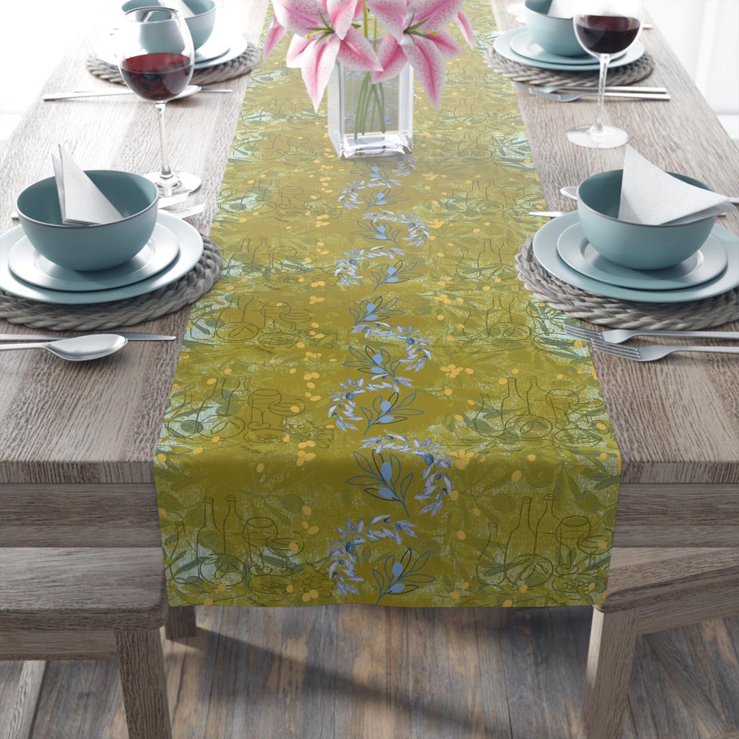 Olive Mediterranean Style Table Runner Olive Print Green Table Linen ...