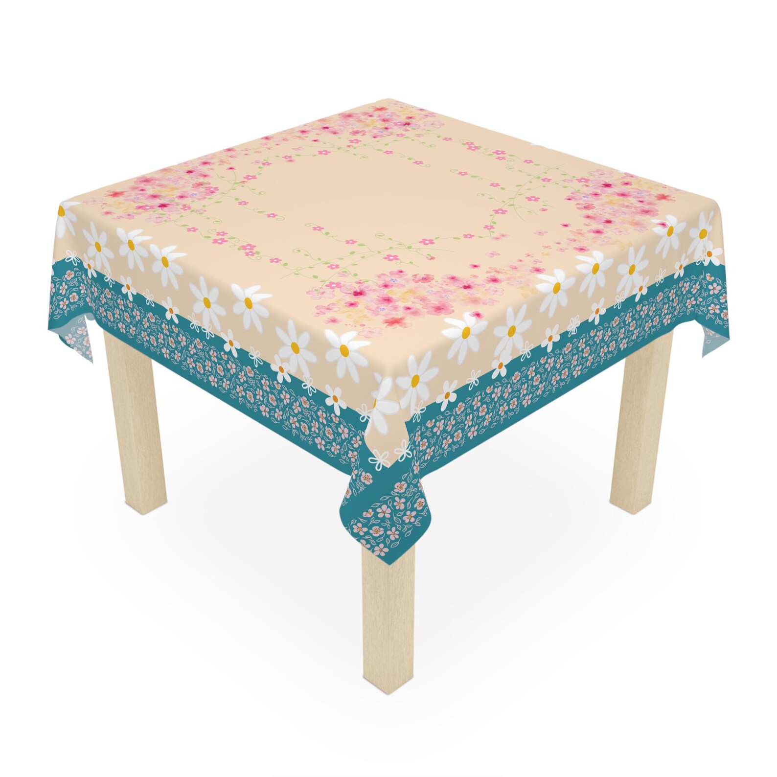 Daisy Wildflower Tablecloth Daisy Floral Pink With Blue Border Table ...