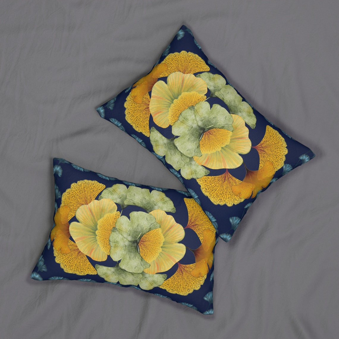 Gingko Lumbar Pillow Ginkgo Leaf Print Navy Blue Throw Gingko Colourful ...