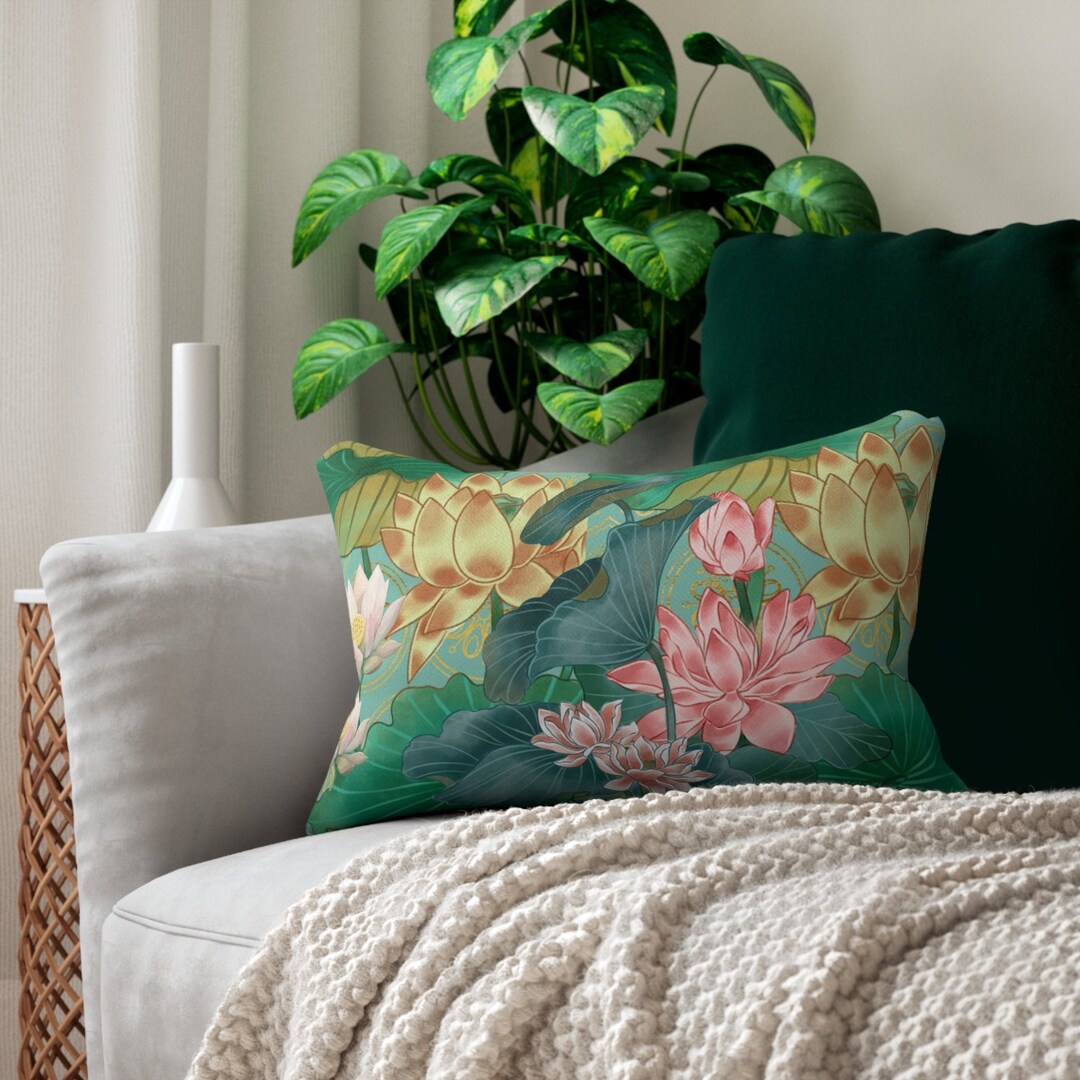 Lotus Floral Lumbar Pillow Lotus Golden Throw Pillow Lotus Flower ...