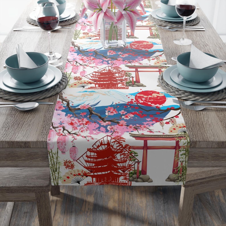 Japanese Pagoda Table Runner - Cotton Linen Floral Home Decor, Spring ...