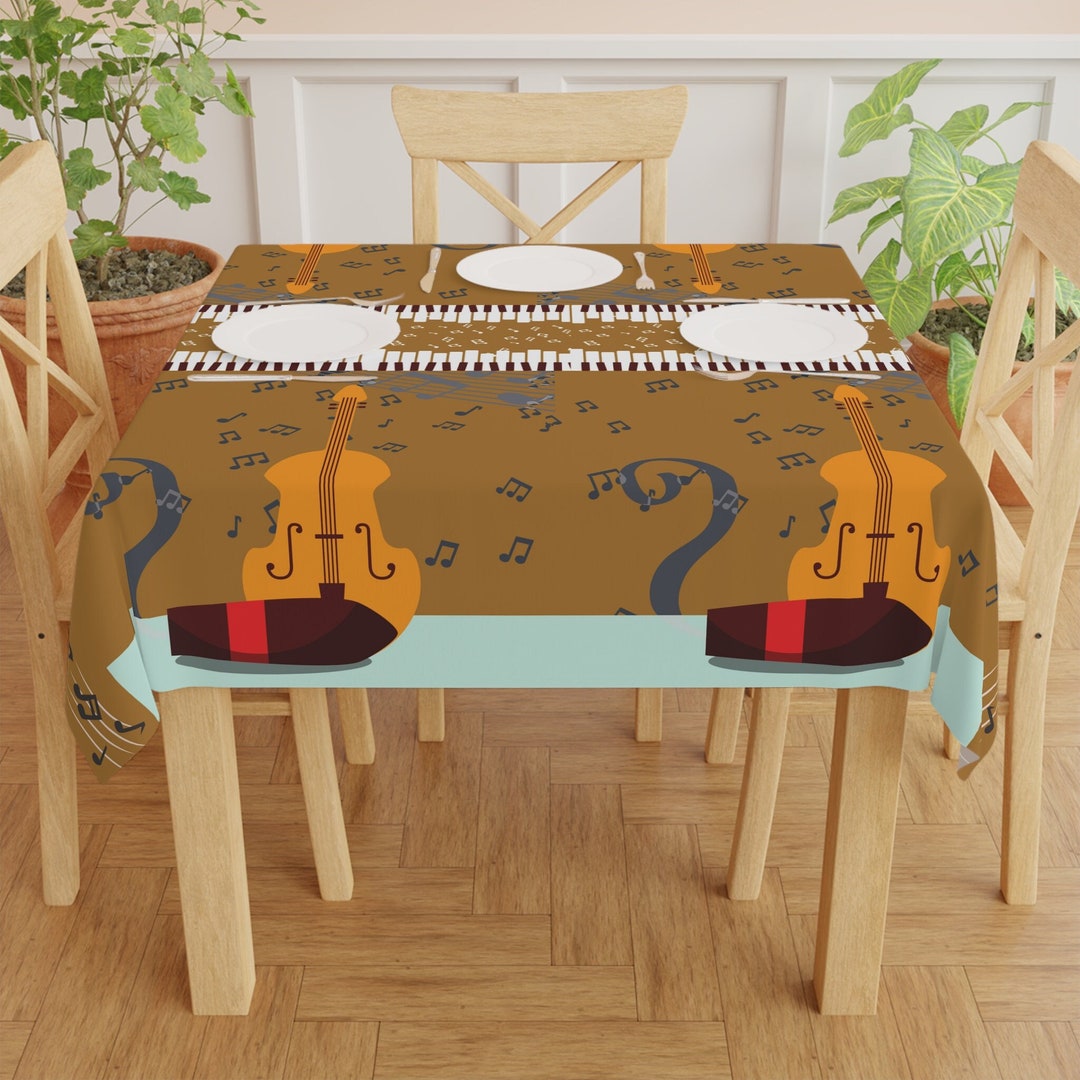 Music Tablecloth Music Notes Instrument Brown Table Cover Violin and ...